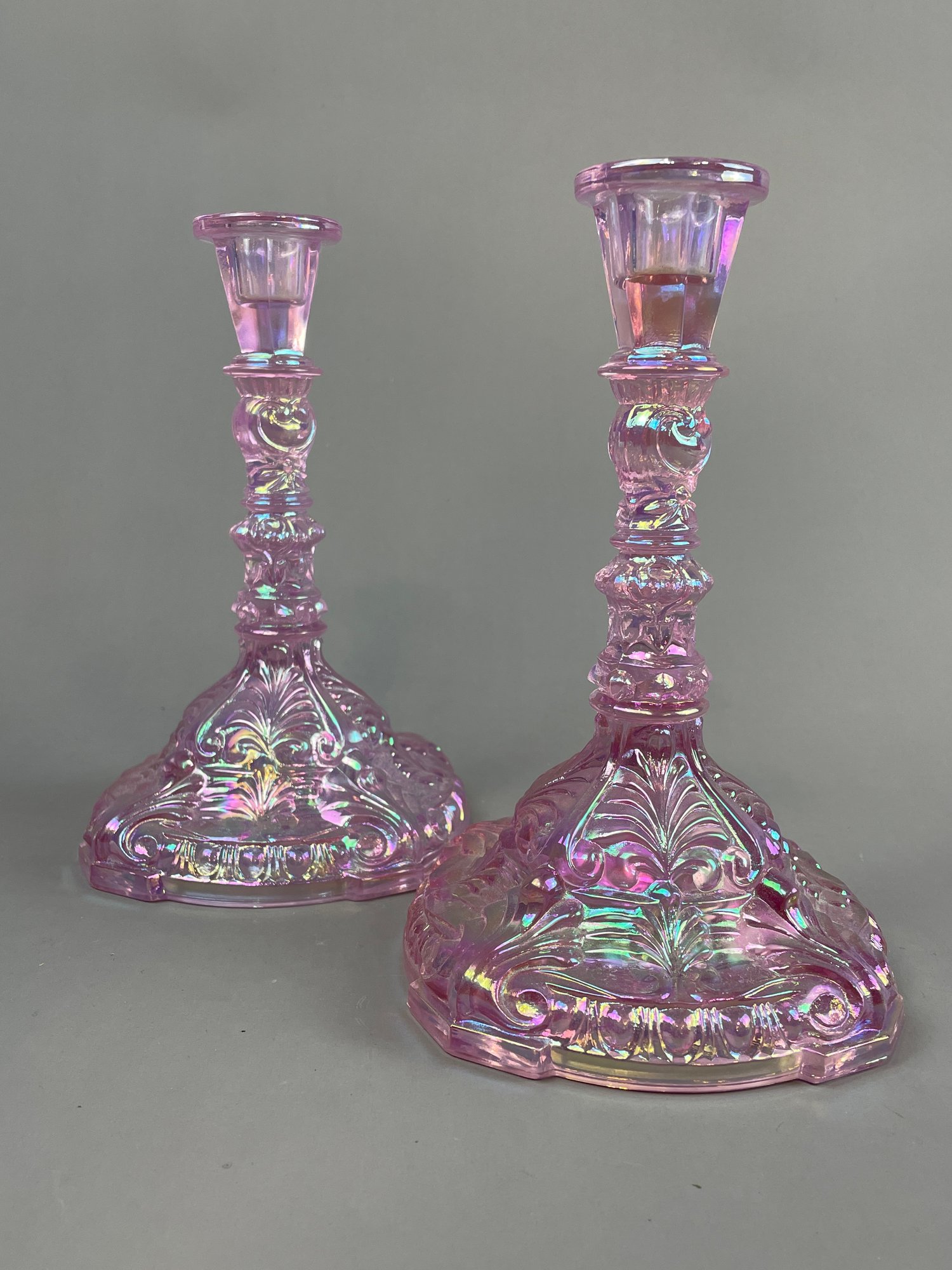 Pair Of Fenton Pink Opalescent Candlesticks #83017 | Auctionninja.com