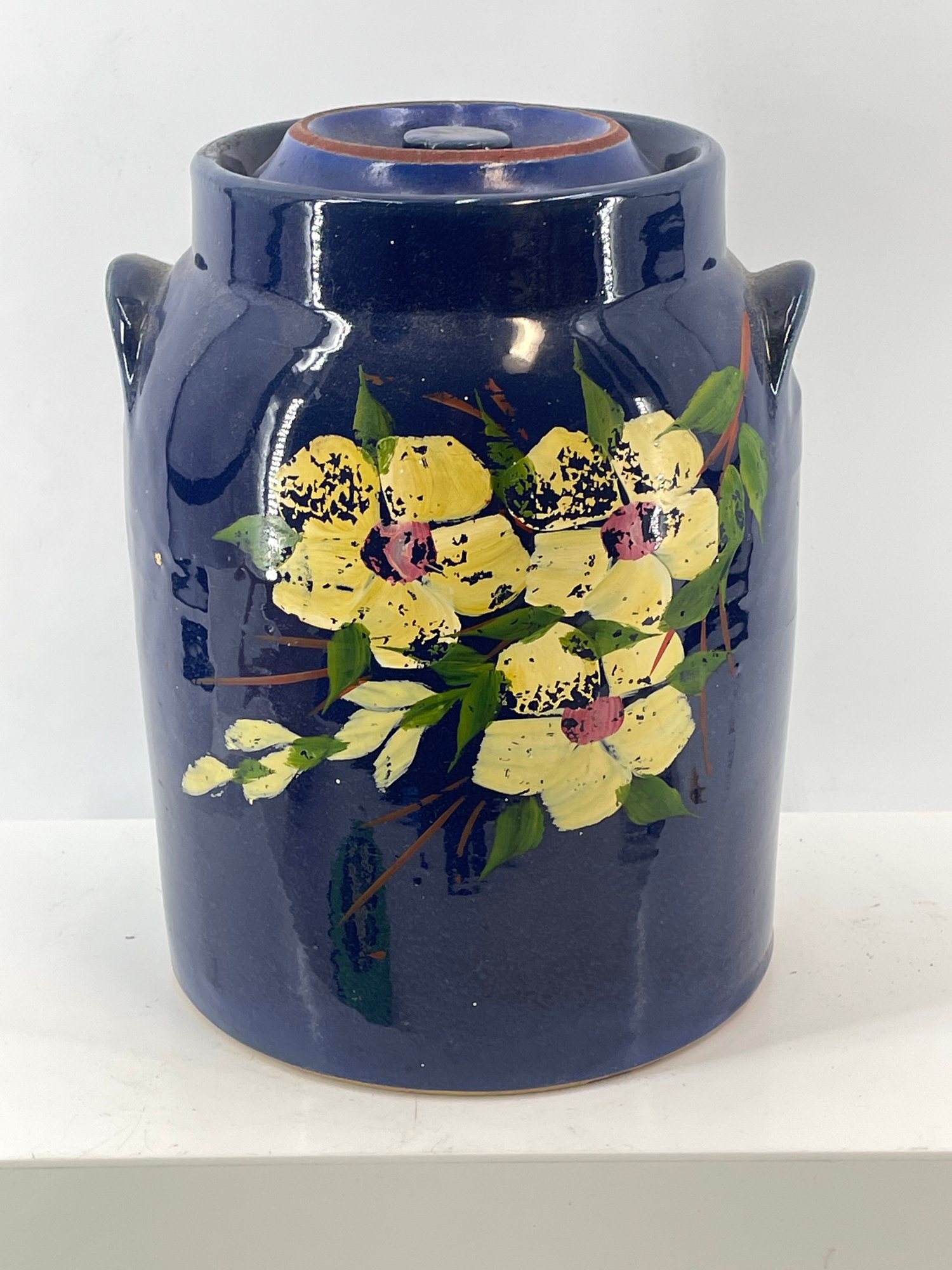Vintage Blue Pottery Lidded Cookie Jar Ceramic Painted #155042 ...