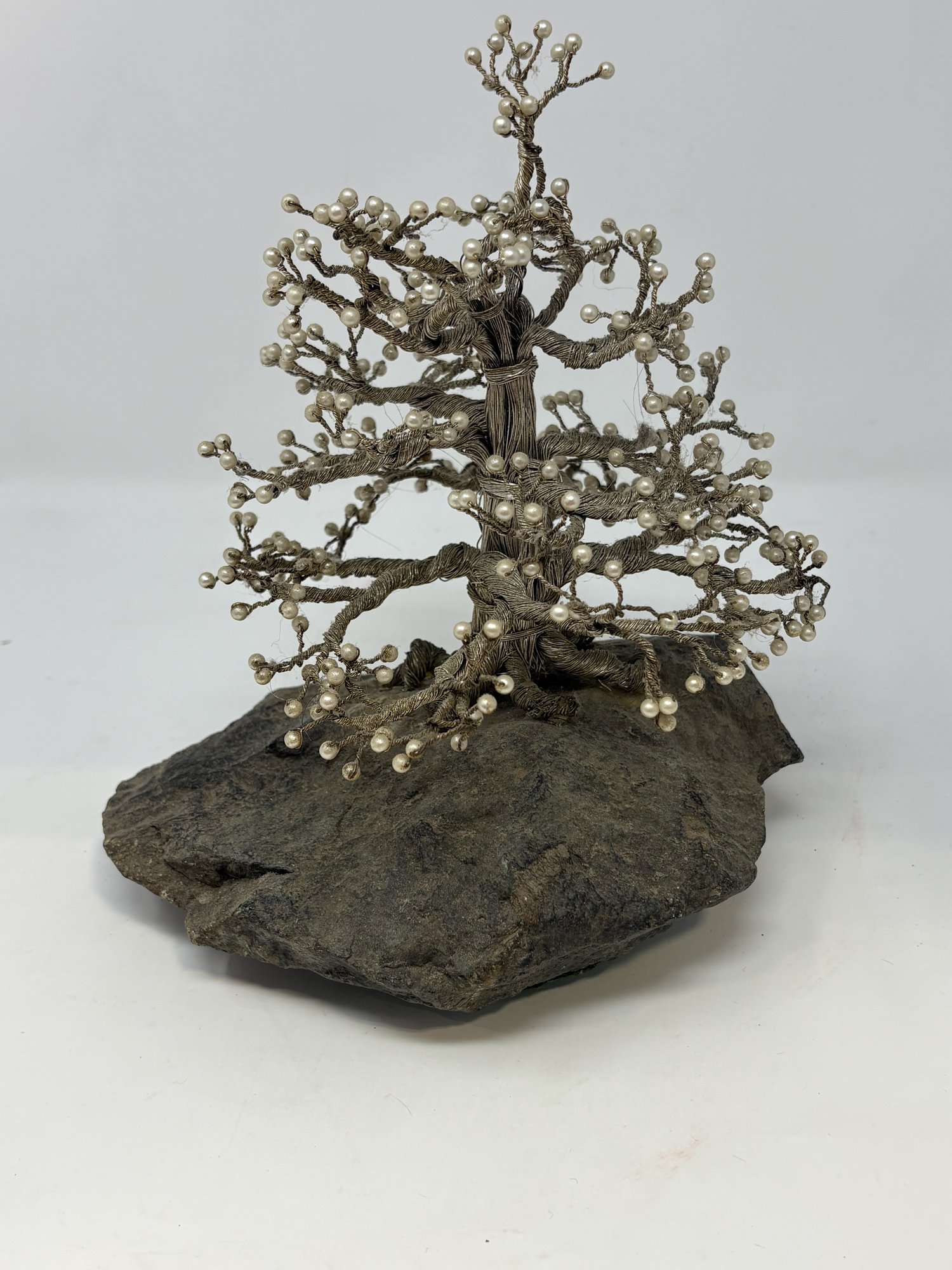 Large Handmade Silver Wire Tree With Pearl Leaves On Stone Base #161054 ...
