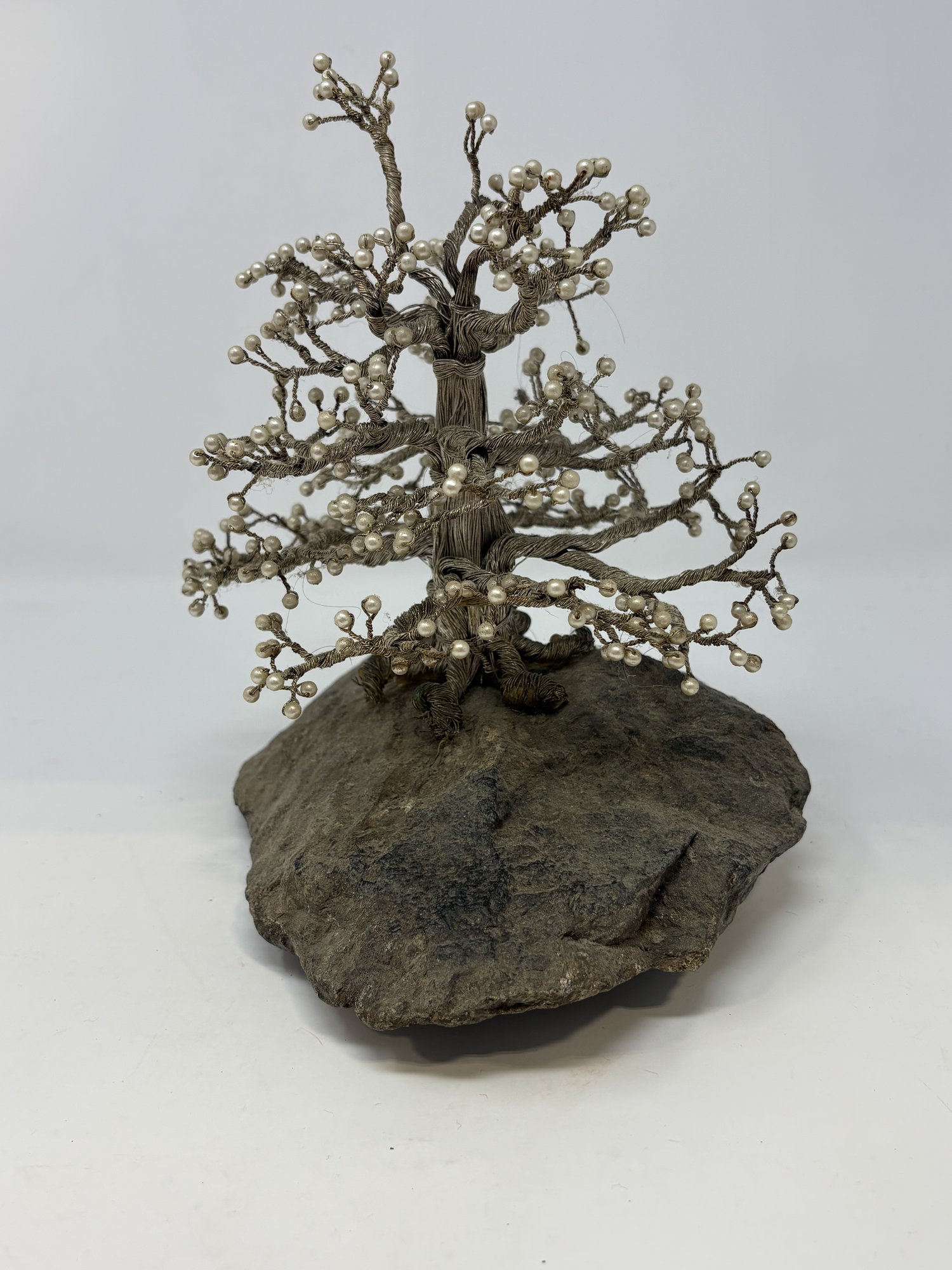 Large Handmade Silver Wire Tree With Pearl Leaves On Stone Base #161054 ...