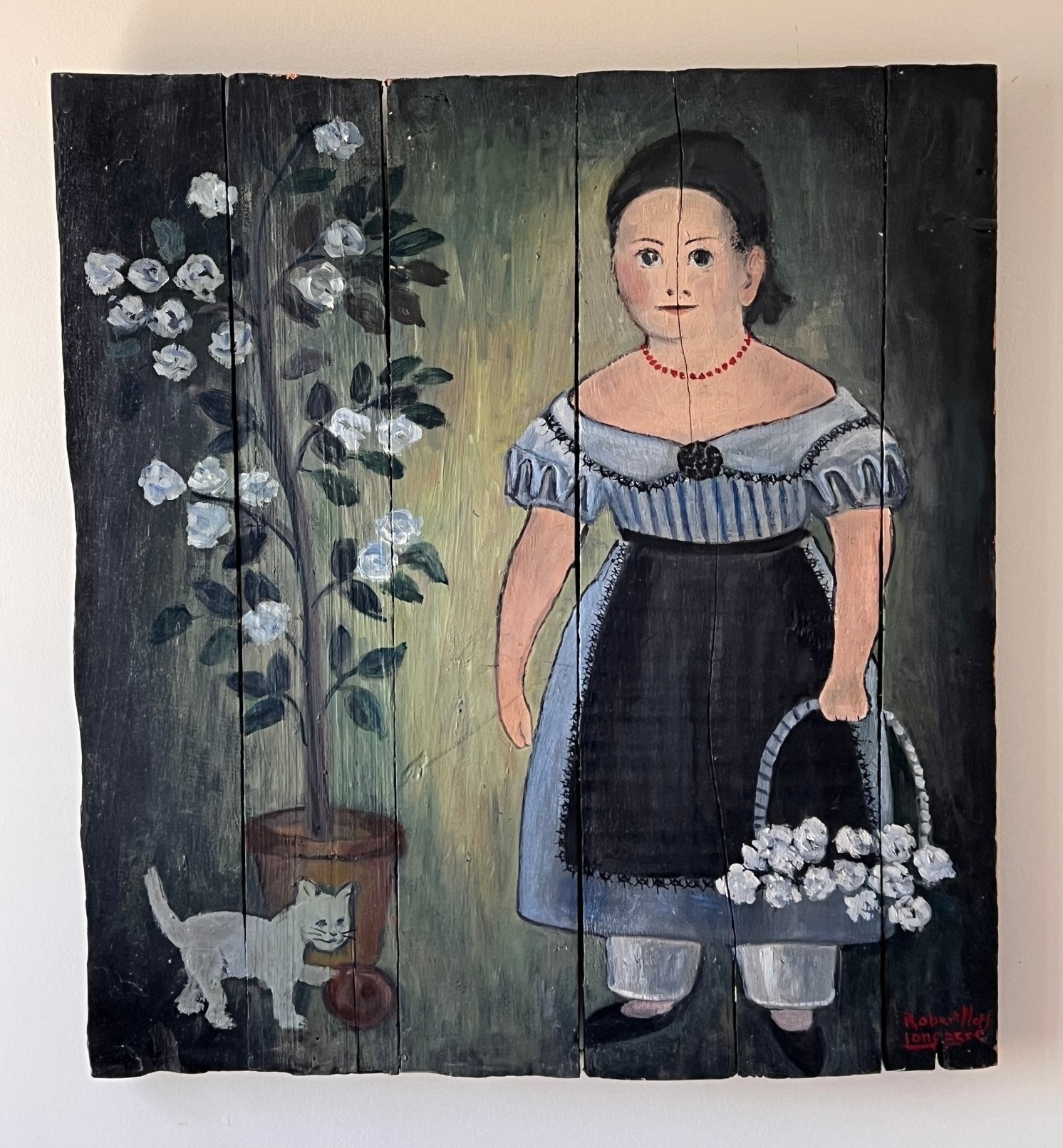 Original Oil Painting On Wood Of Little Girl In Blue With Cat Signed ...