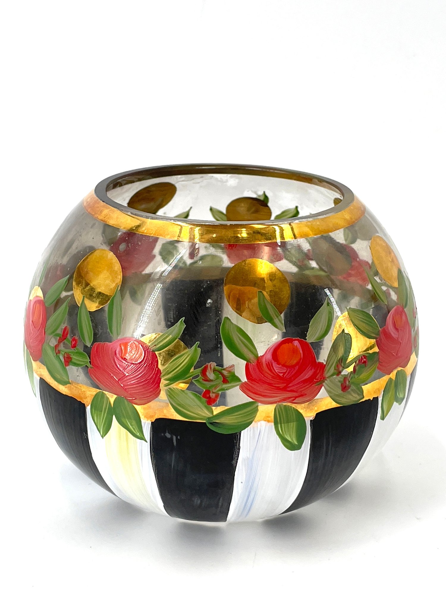 MacKenzie Childs Glass Heirloom Black White Circus Stripe Rose Bowl ...