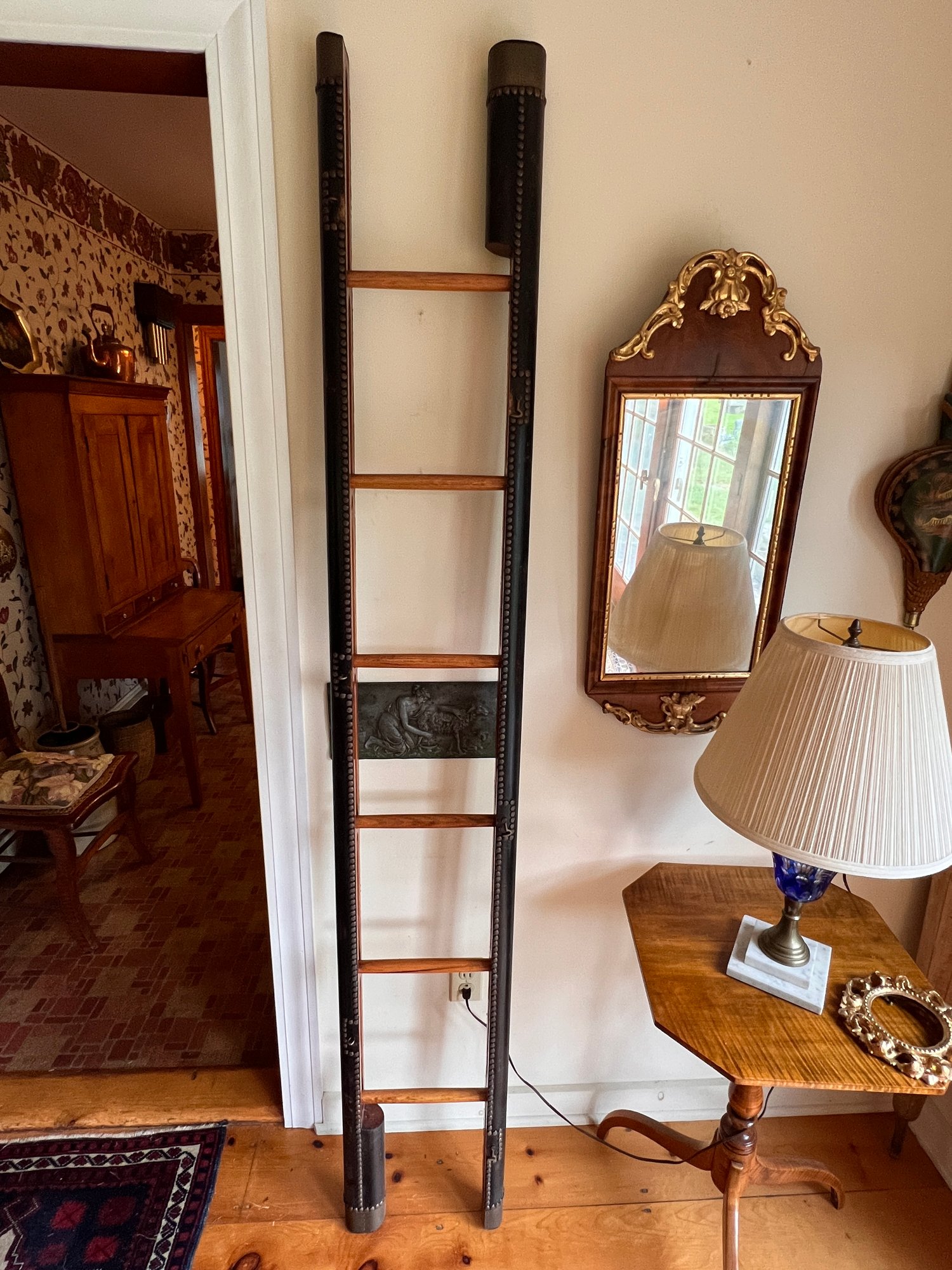 Antique English Library Folding Pole Ladder Covered In Leather With ...