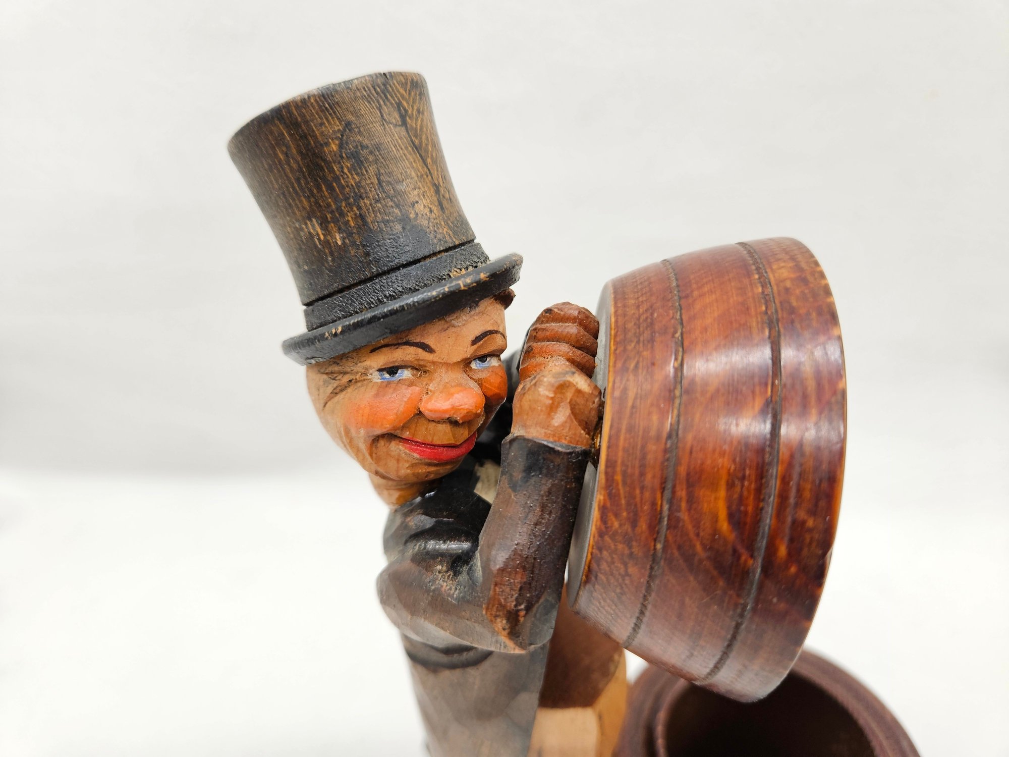 F300 - Folk Art 1930 Mechanical Desk Barrel Drunk Man Tobacco Wood ...
