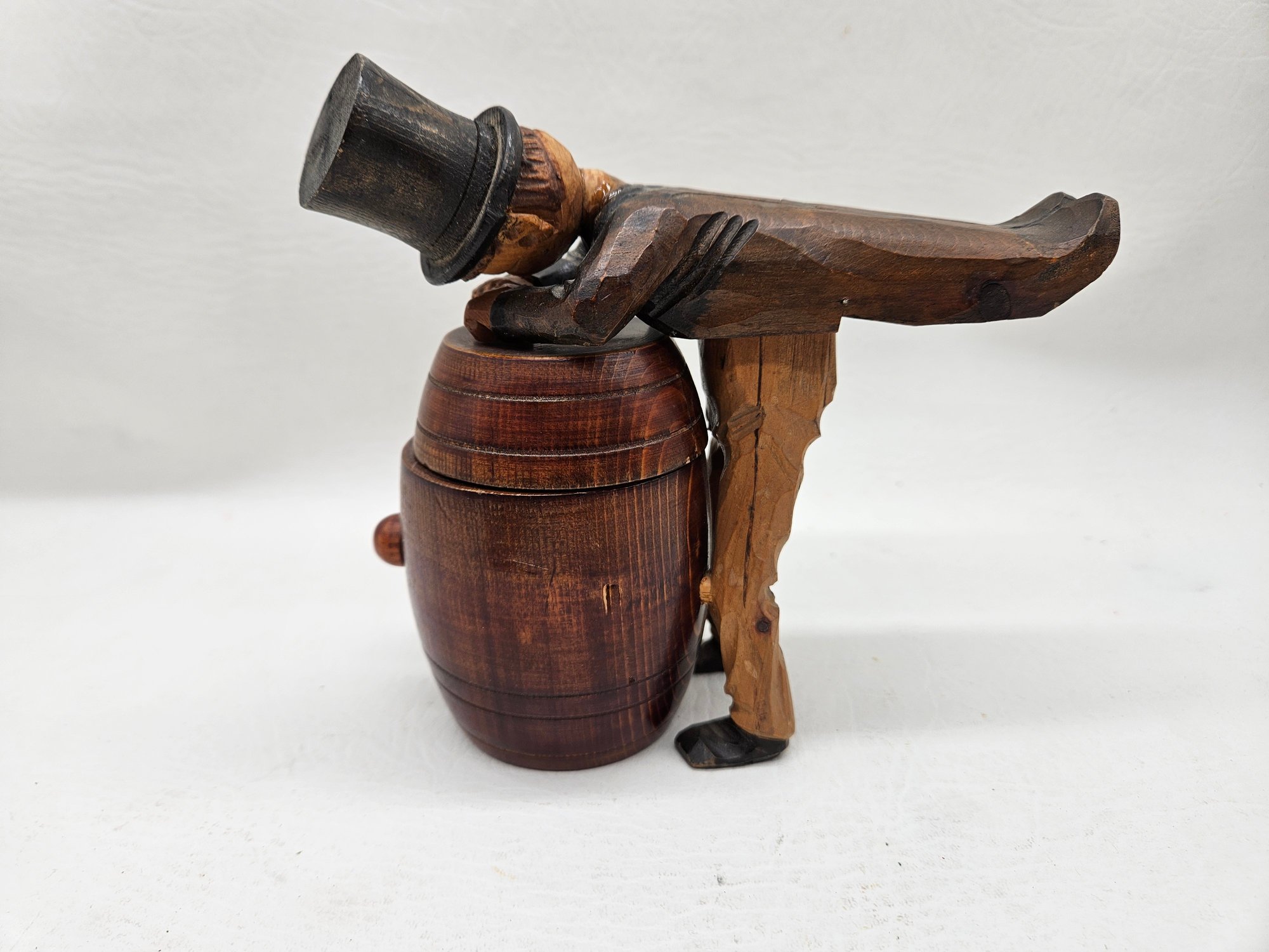 F300 - Folk Art 1930 Mechanical Desk Barrel Drunk Man Tobacco Wood ...