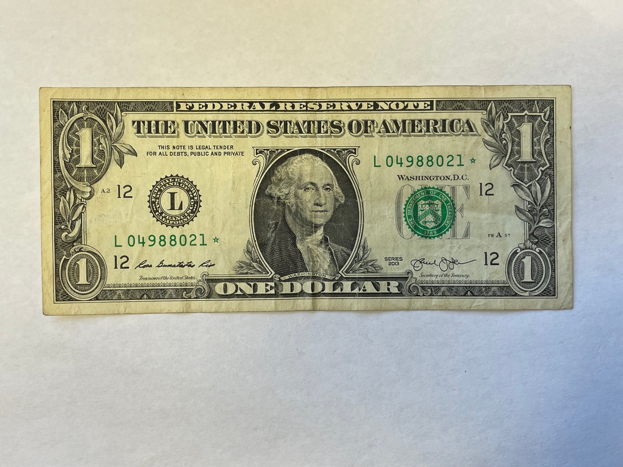 $1 One Dollar Bill US STAR NOTE US Currency Bank Note #2825 ...
