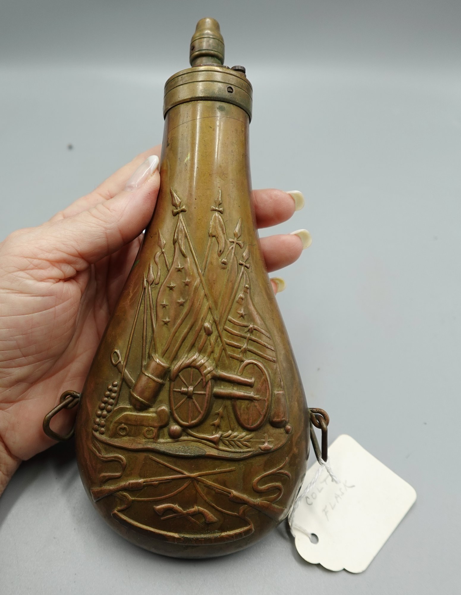 EARLY BRASS GUN POWDER FLASK COLTS MILITARY CIVIL WAR SCENE #2695 ...