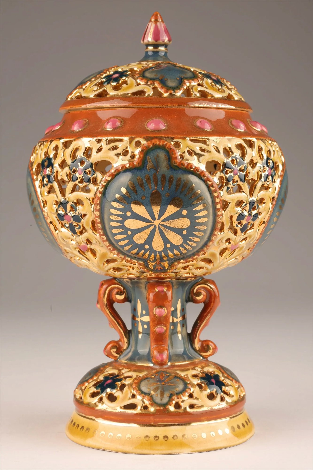 EARLY RARE ZSOLNAY RETICULATED POTPOURRI FOOTED BOWL WITH COVER #2002 ...