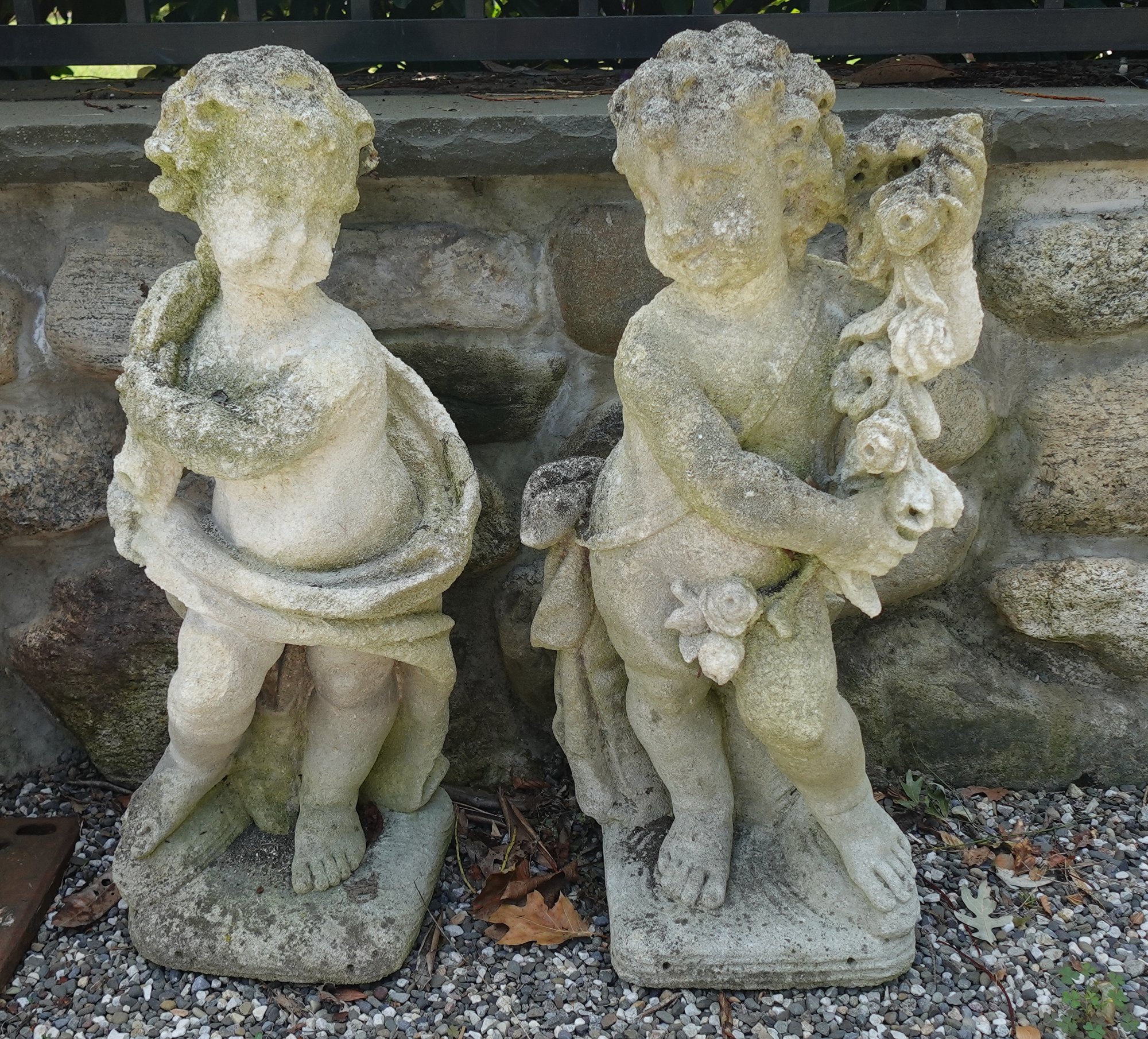 PAIR OF ANTIQUE OUTDOOR GARDEN CHERUB STONE STATUE SCULPTURE #2646 ...