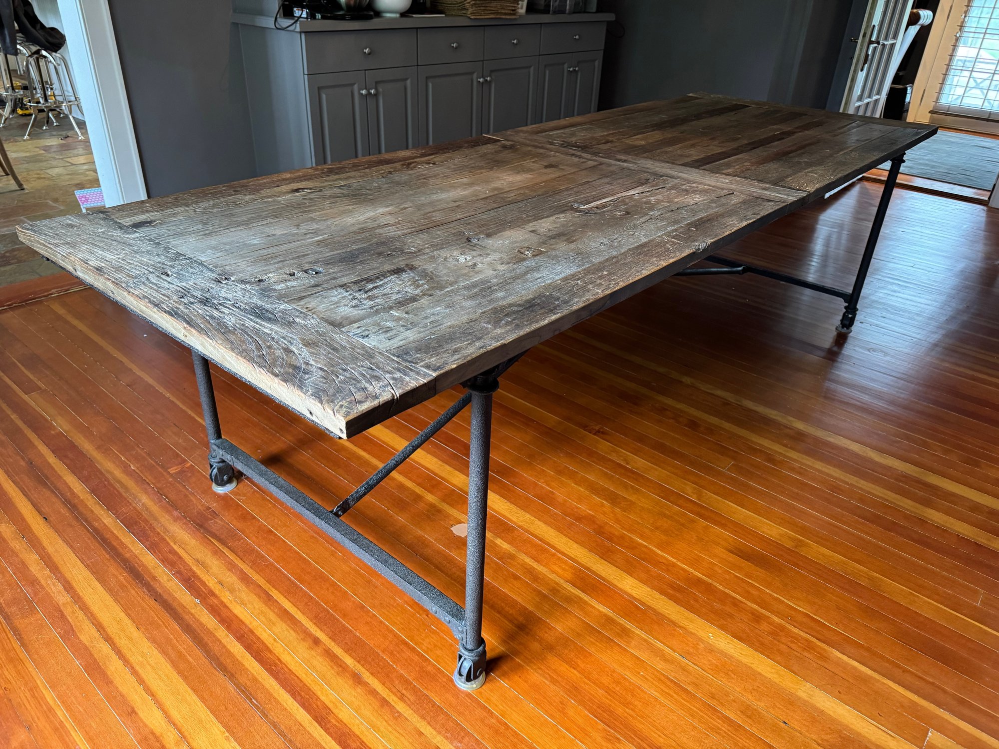 Restoration Hardware 9' Industrial Dining Table With Iron Wheeled Legs ...