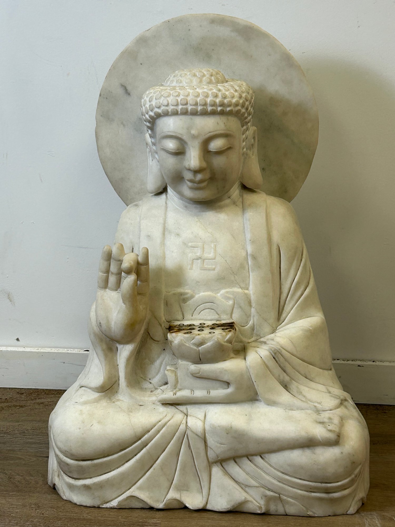 Large White Jade Burmese Buddha With Lotus And Manji #8208 ...