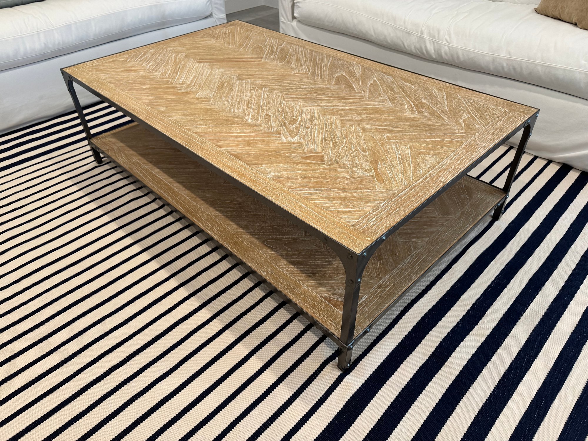 5' White Washed Oak Coffee Table With Metal Base Herring Bone Design ...