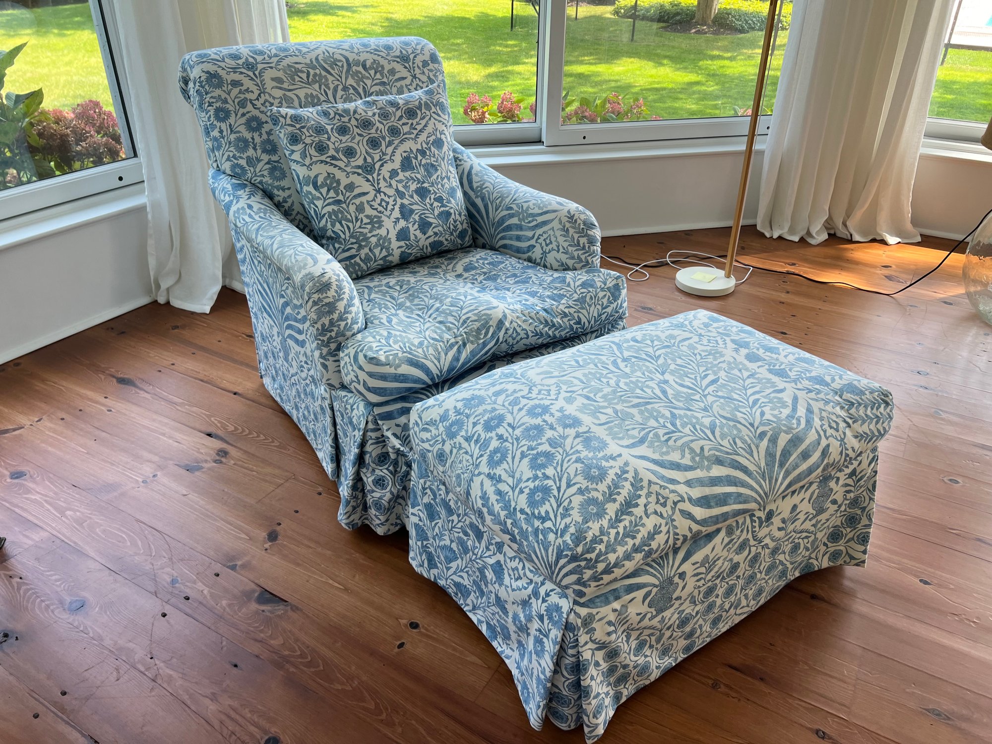Blue And White Lee Jofa Sameera Fabric Upholstered Chair With Ottoman ...