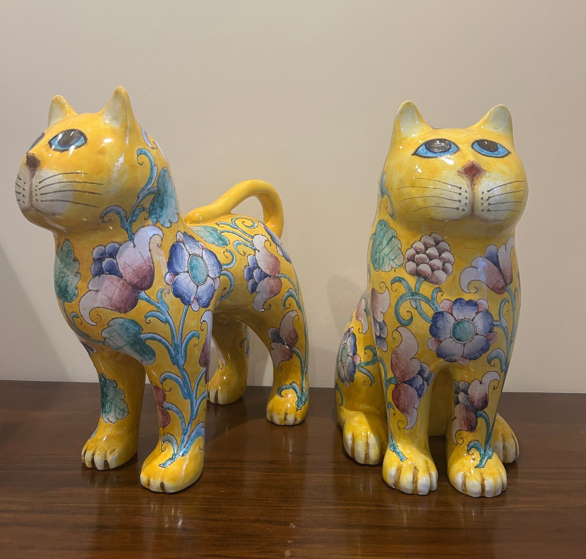 Pair Of Signed Romano Innocenti Italian Maiolica Glazed Terra Cotta Cat ...