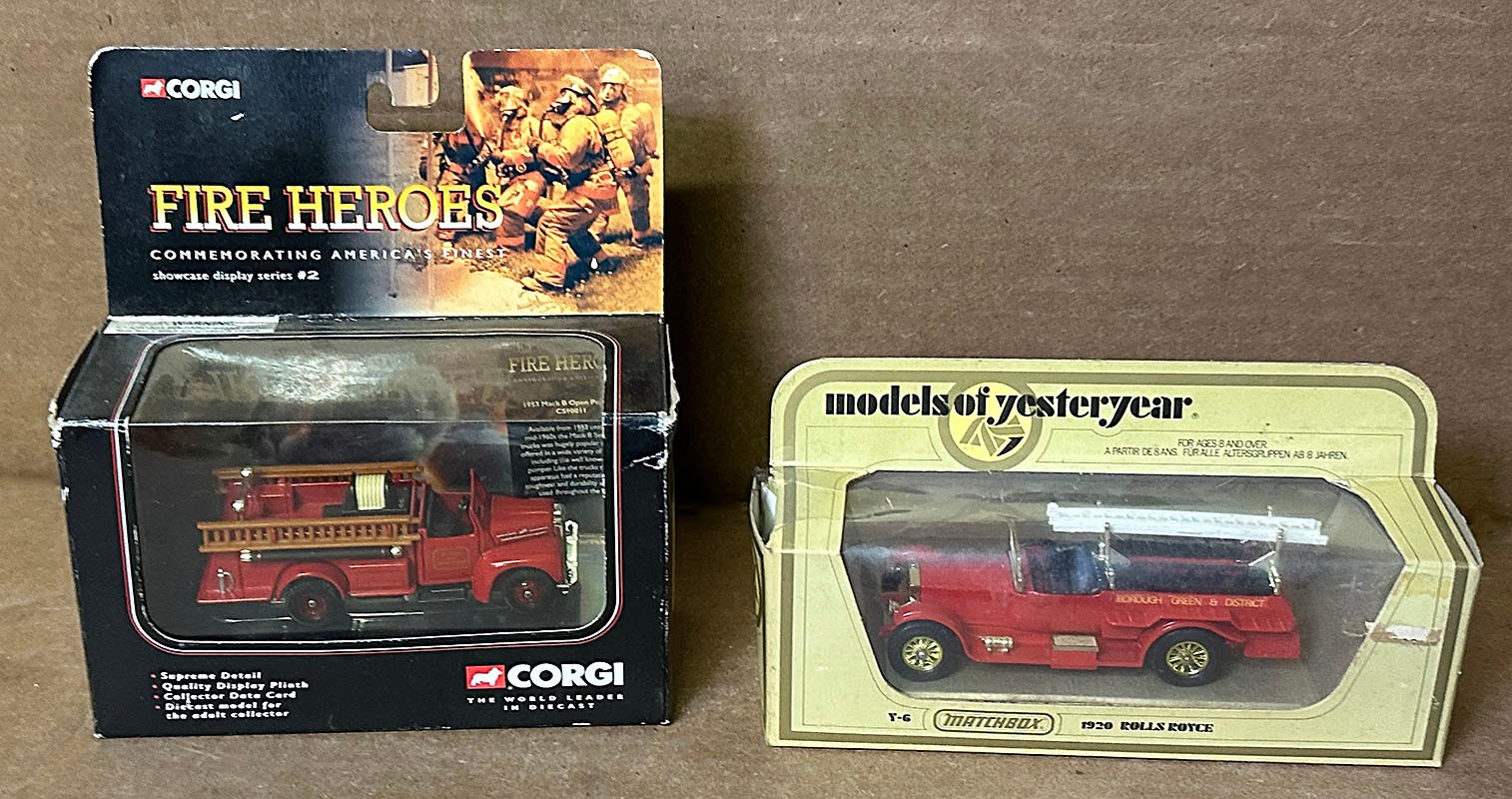 Set Of 7 Diecast And Tin Litho Fire Engines - Corgi, Matchbox, Etc ...