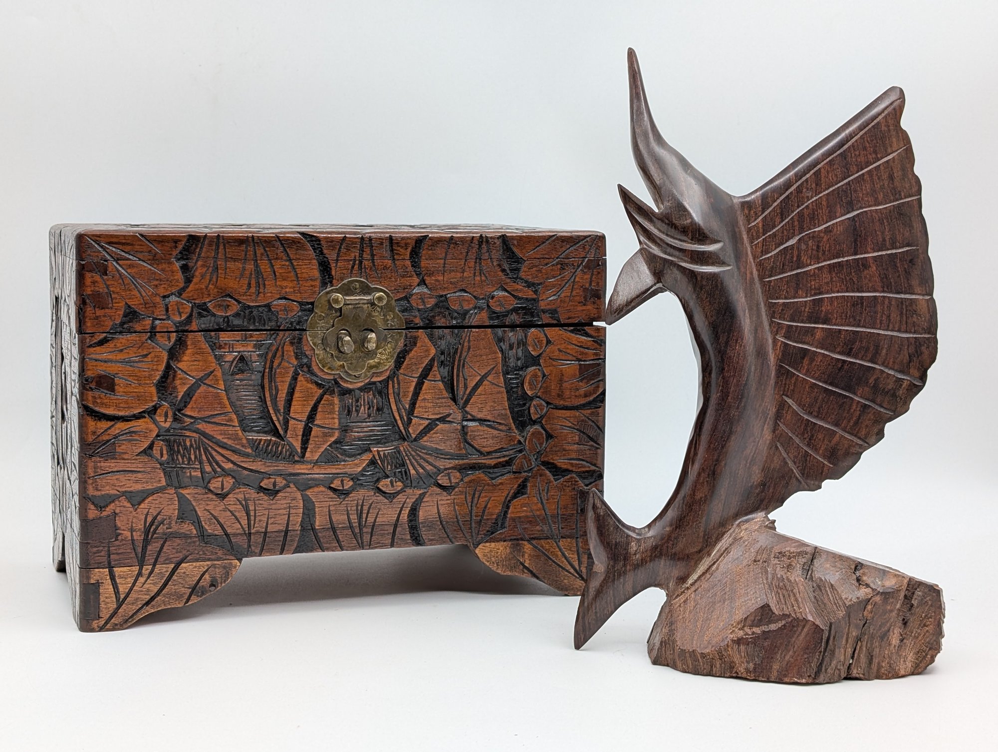 Wood Carved Sculpture And Wood Chest #2575 | Auctionninja.com