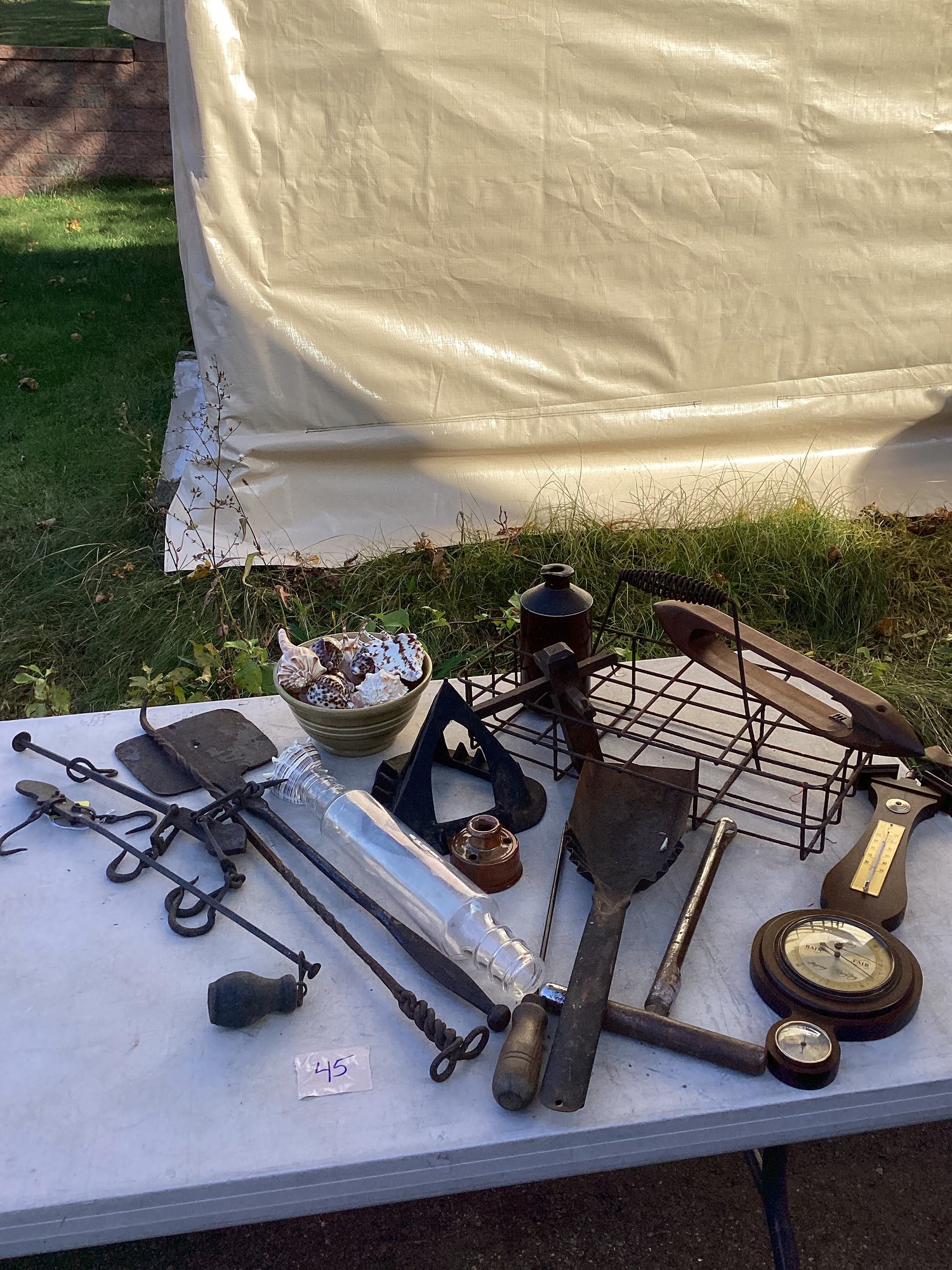 45, TABLE LOT #45, Primitive, Hand-forged Iron, Barometer, Bottle ...