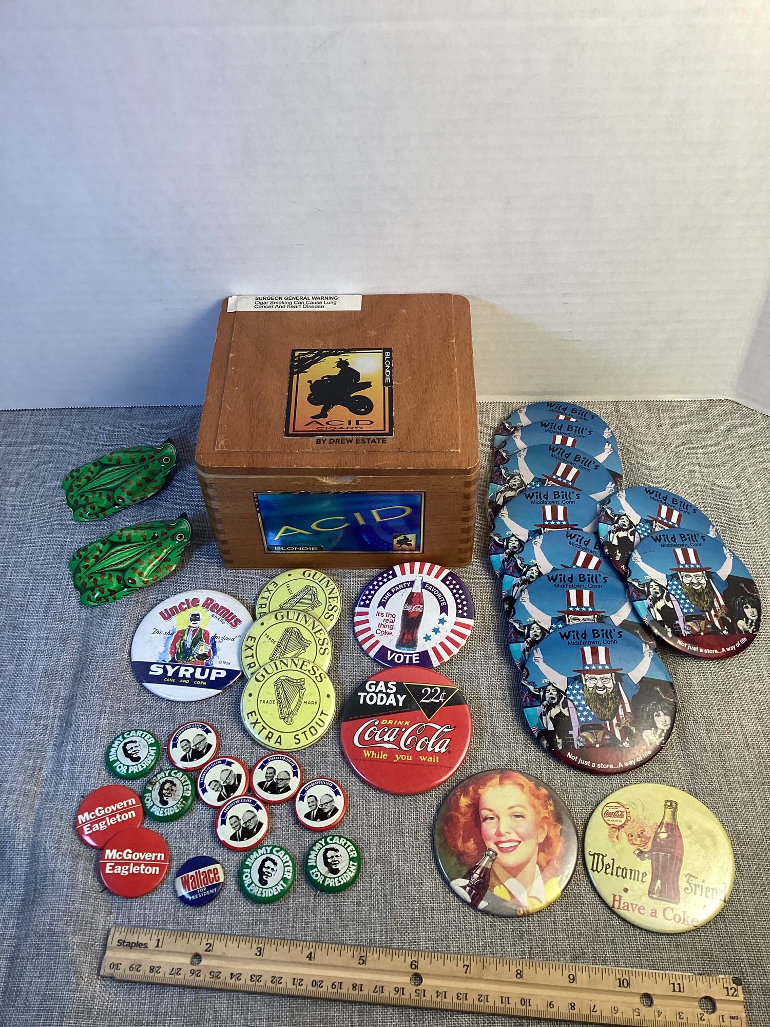 Vintage Pinback Buttons (and Tin Frog Clickers) In Solid Wood Cigar Box ...