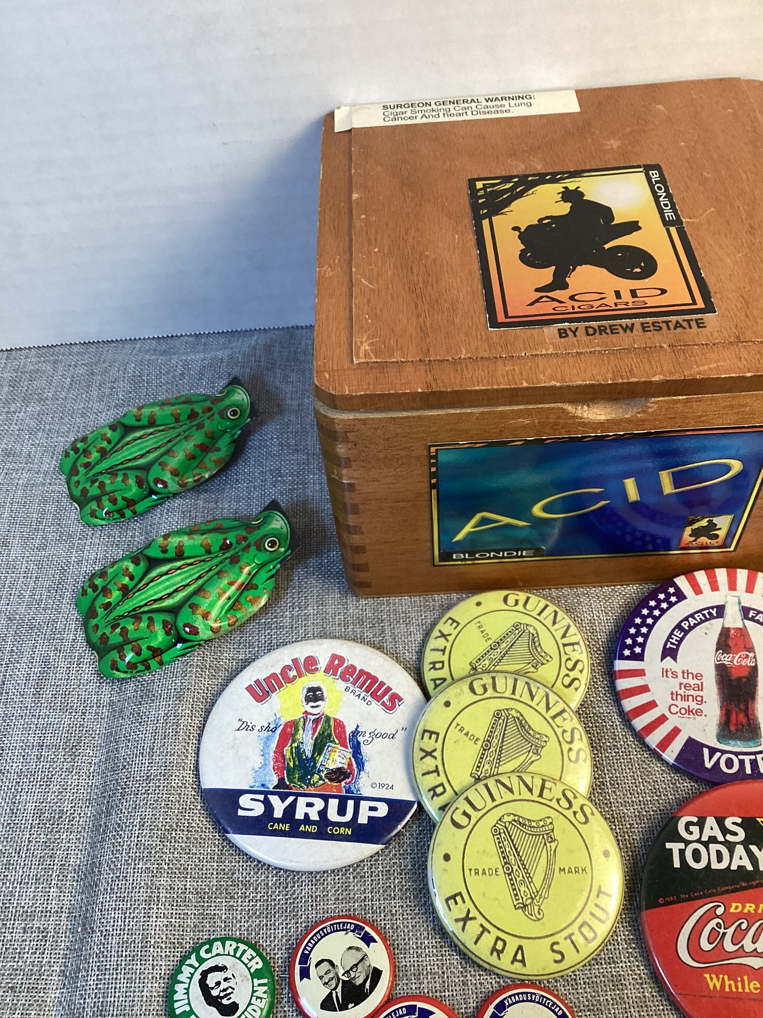 Vintage Pinback Buttons (and Tin Frog Clickers) In Solid Wood Cigar Box ...