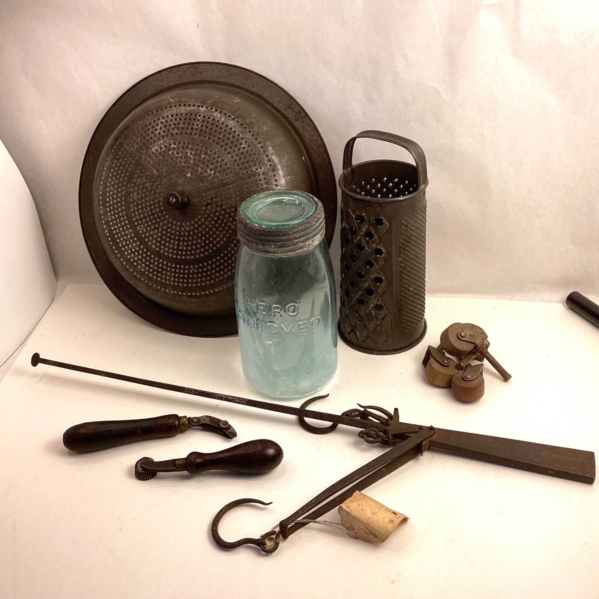 Antique Country Primitive Lot, Rare Mason Jar, Leather Tools, Tin ...