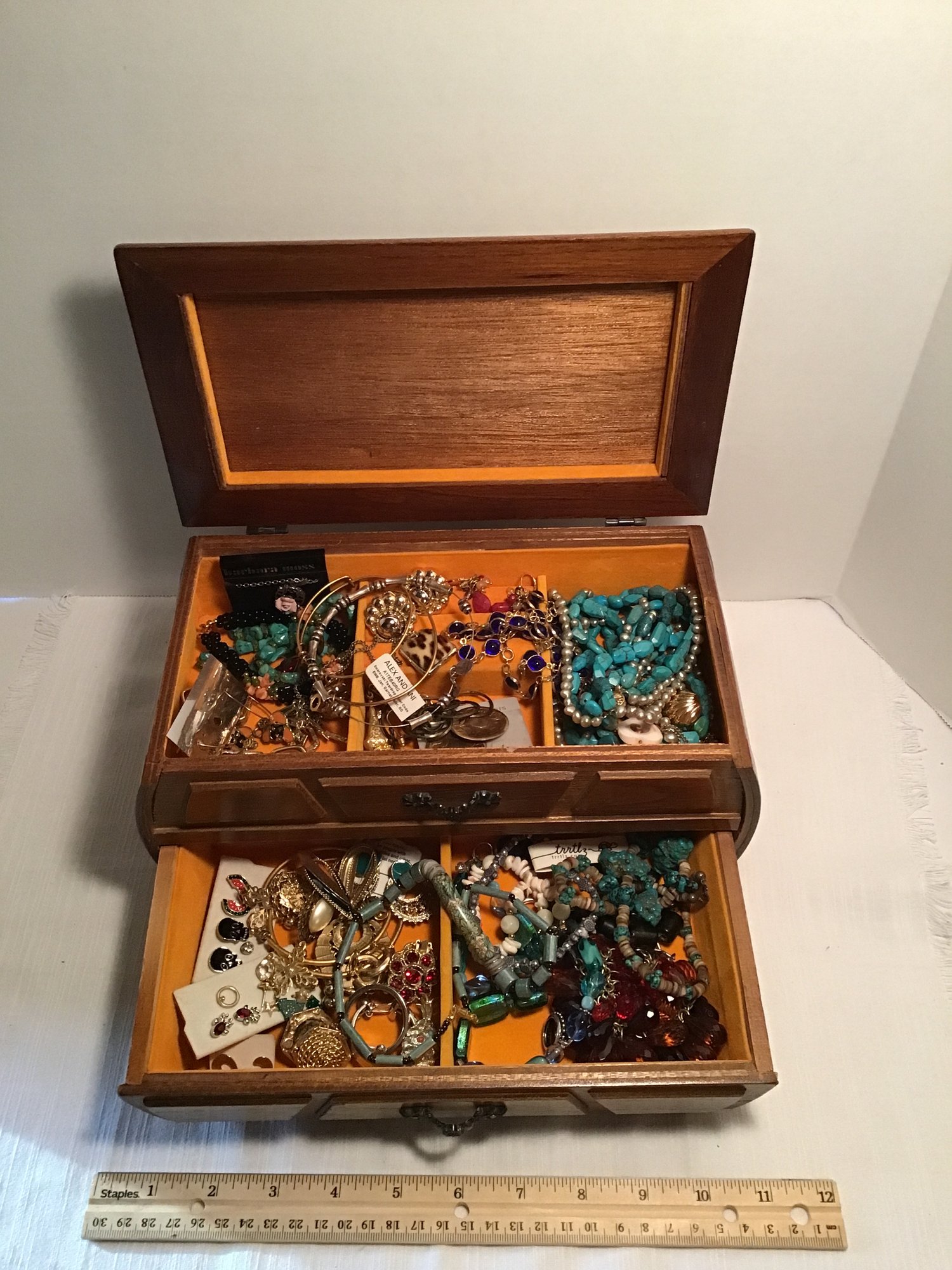 Wooden Jewelry Box Full Of Costume Jewelry, Alex & Ani, Etc. #1807 ...