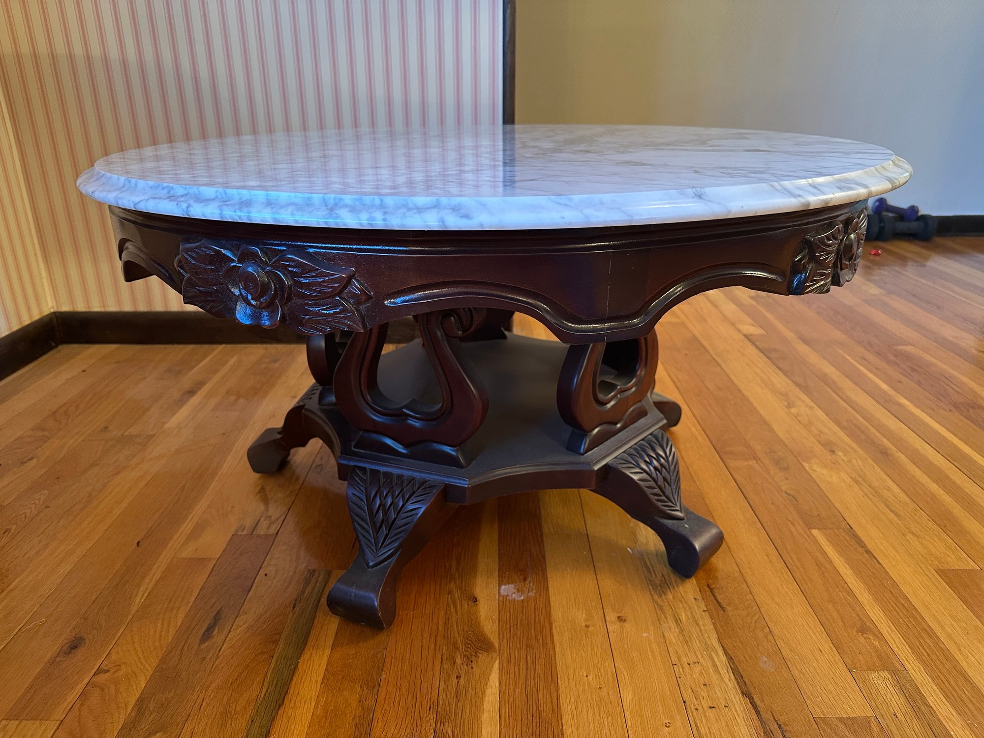 Vintage Kimball Carved Walnut Round Italian Marble Coffee Table 36x18.5 ...