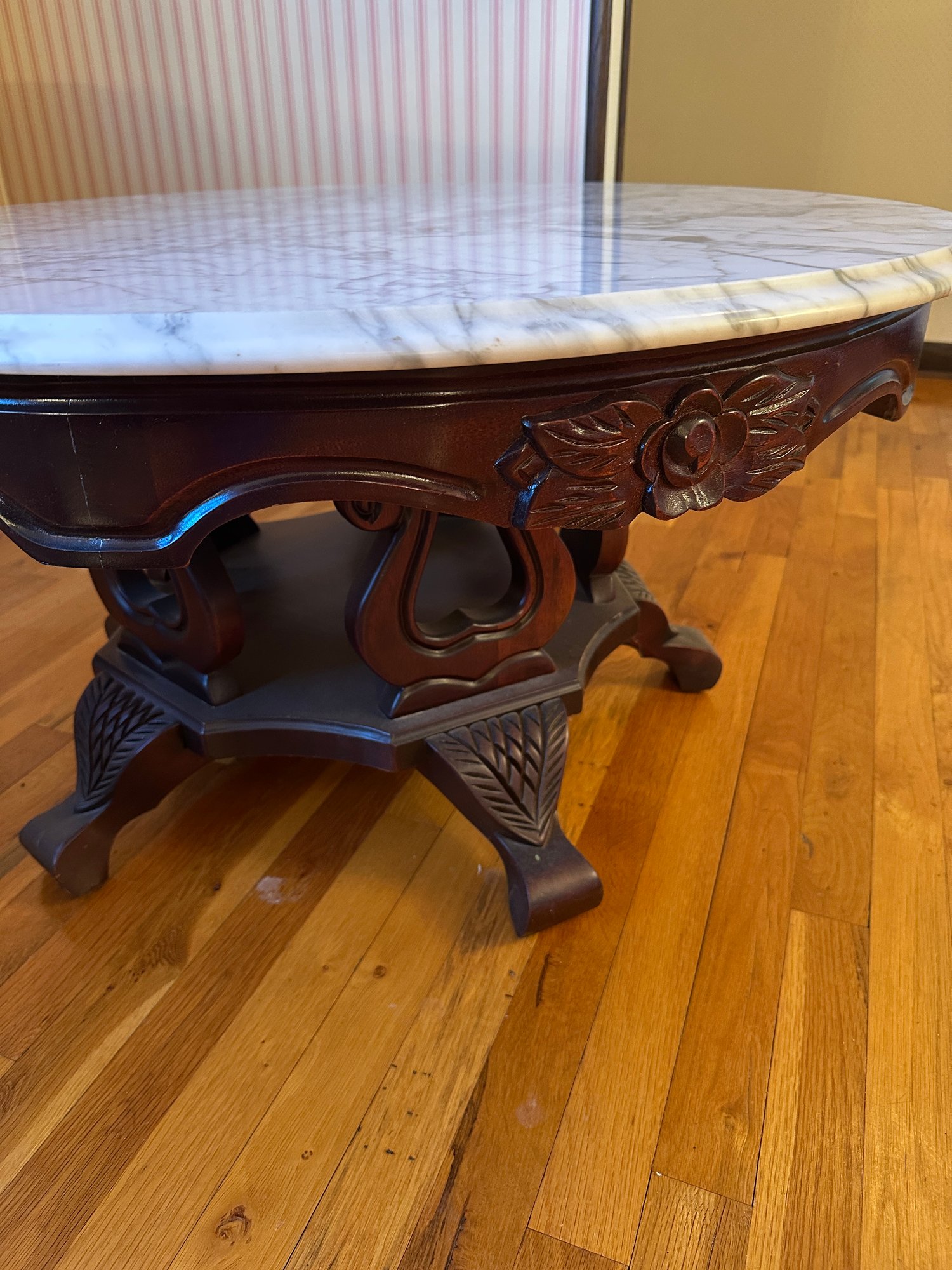 Vintage Kimball Carved Walnut Round Italian Marble Coffee Table 36x18.5 ...