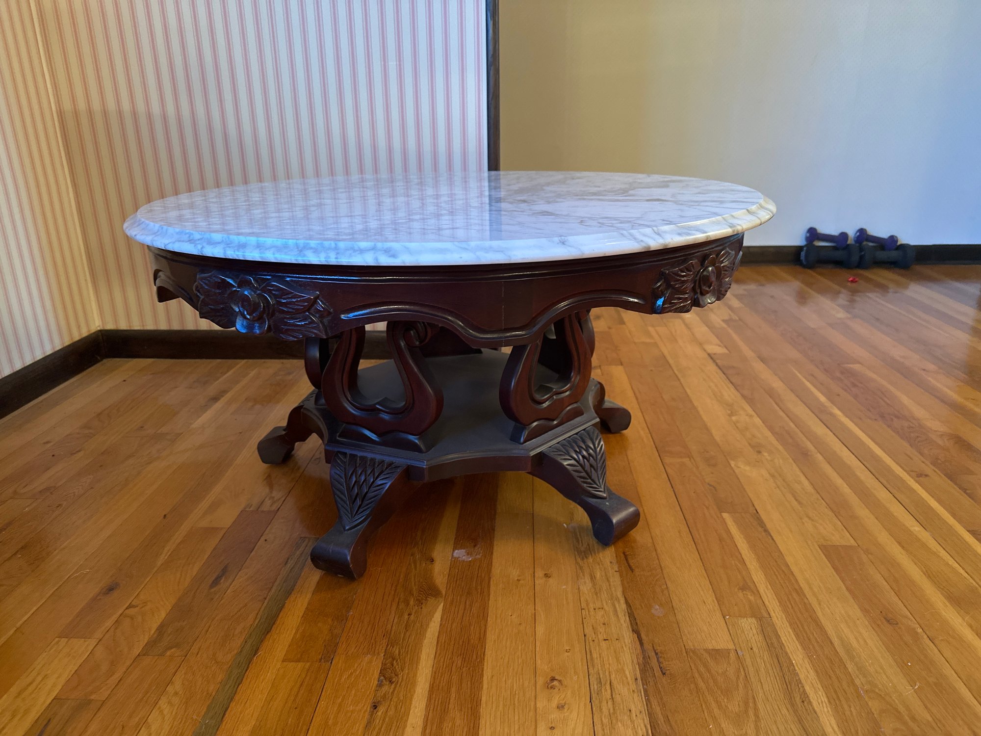 Vintage Kimball Carved Walnut Round Italian Marble Coffee Table 36x18.5 ...