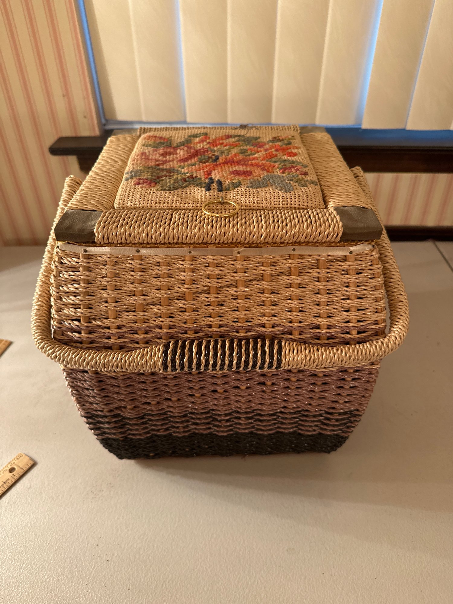 Vintage Wicker Sewing Basket Two Compartment Storage Multicolor Floral ...