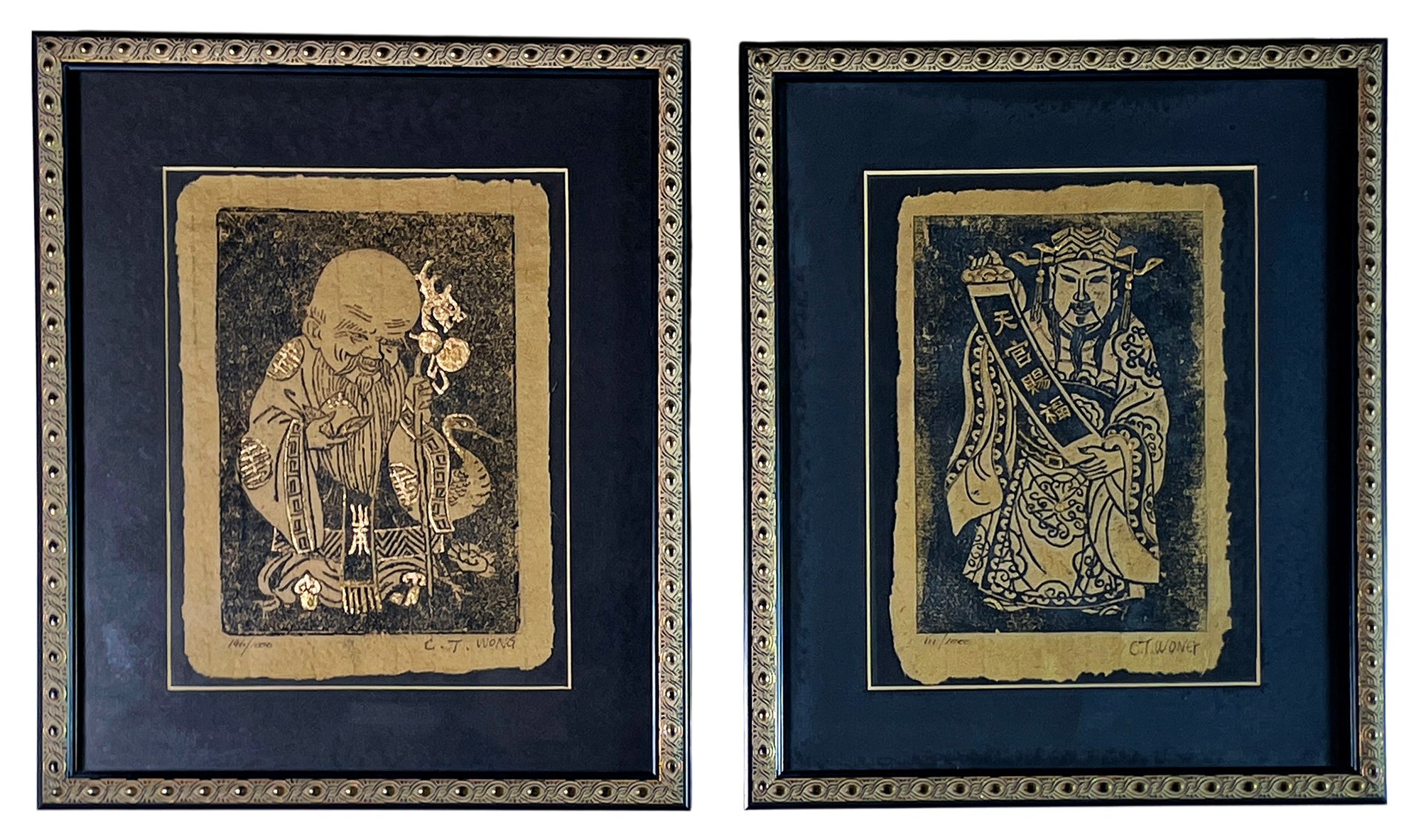 2 Signed C.T. Wong (b. 1944, Hong Kong) Woodblock Prints #28612 ...