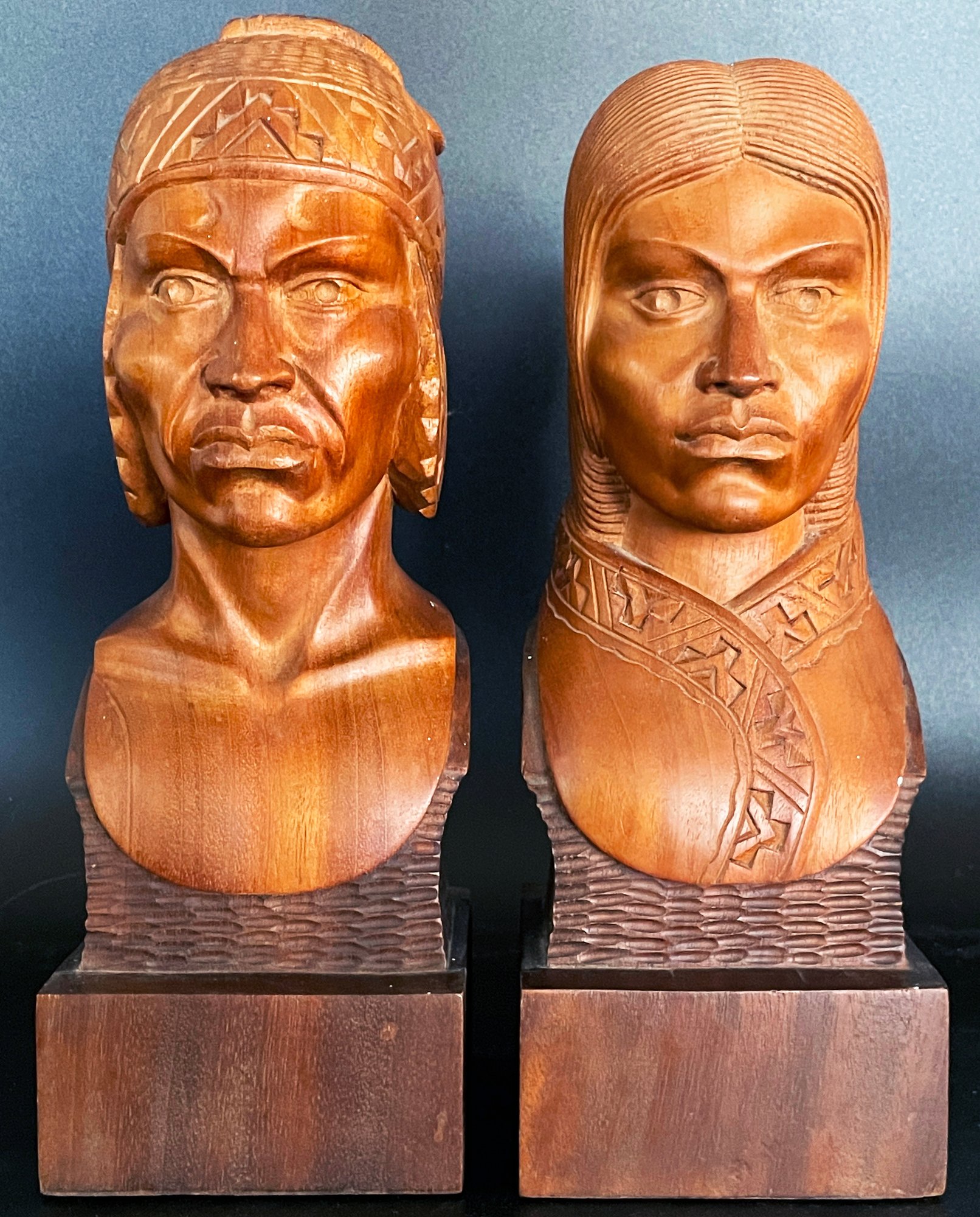 Pair Of Handsomely Carved Wood South American Head Busts Of Natives In ...