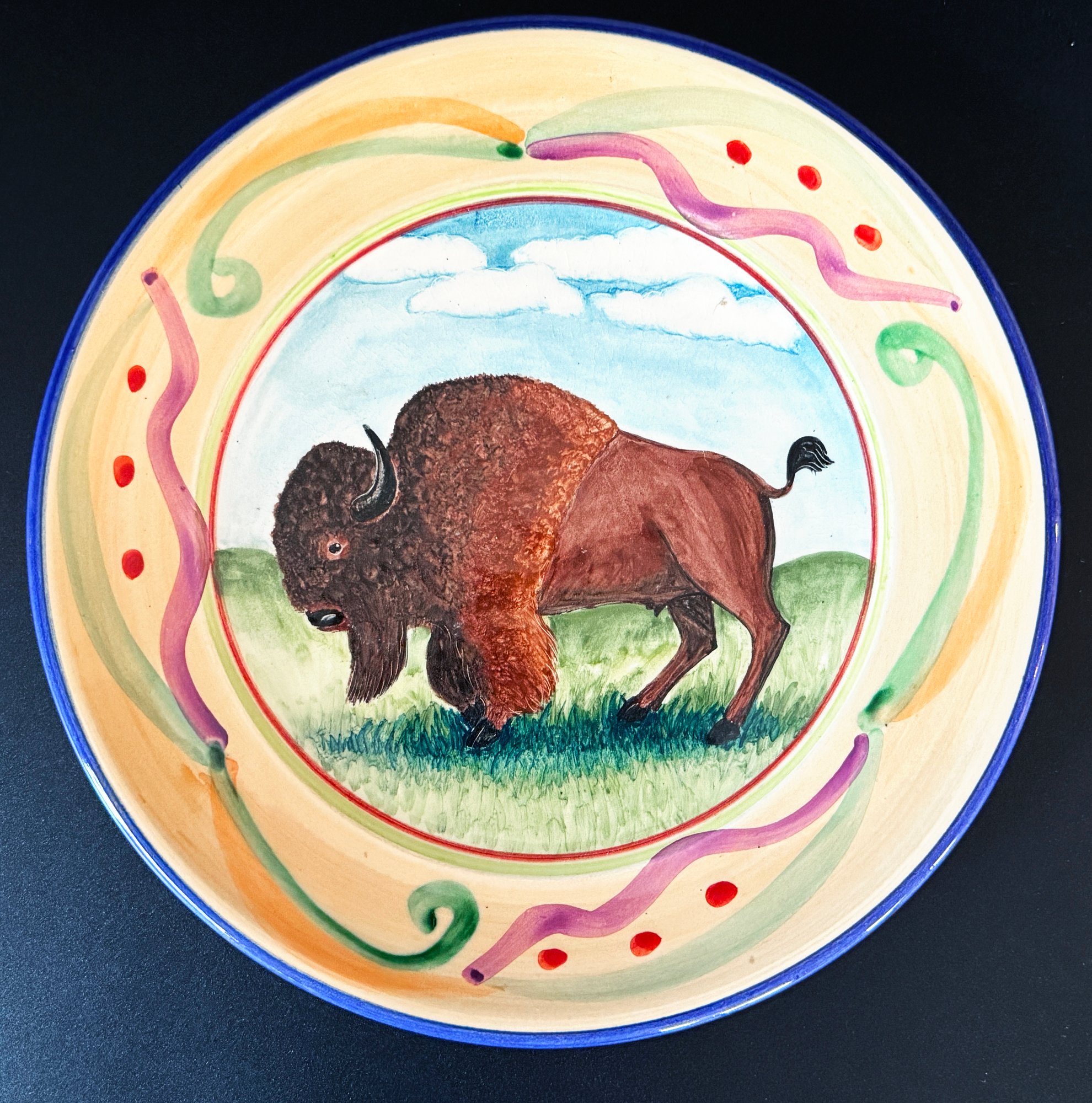 Large Hand Painted Ceramic Platter With Buffalo Motif #32325 ...