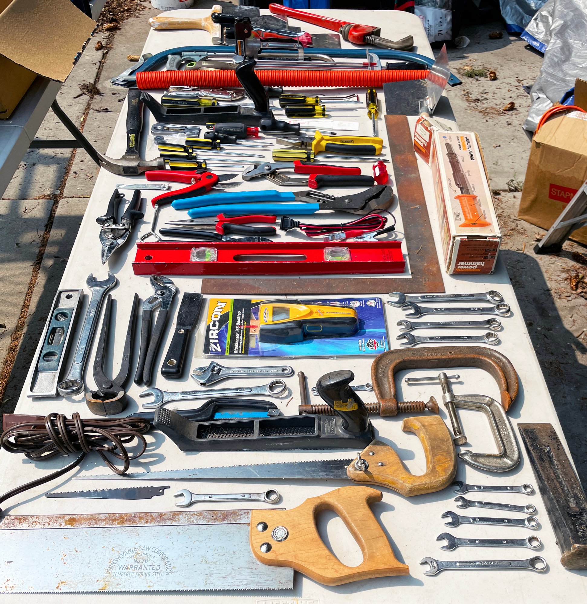 Large Tool Lot- Bow Saw, Screwdrivers, Hammer, Levels, Wrenches, Stud ...