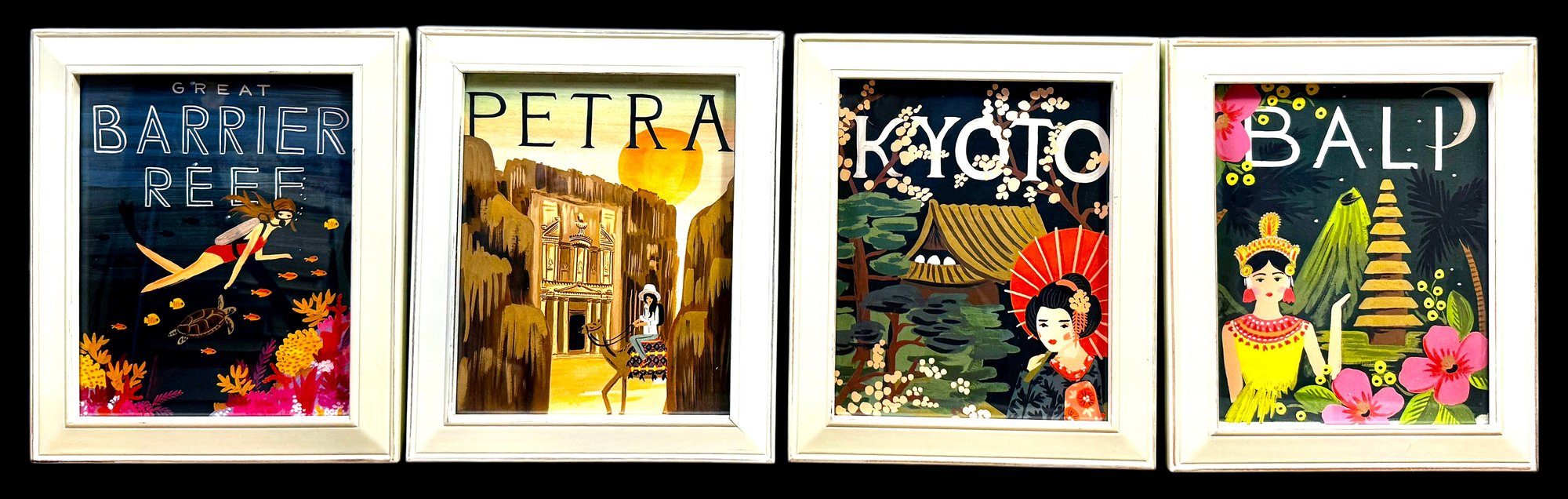 4 Framed Retro Style Travel Posters Including Kyoto, Petra, Bali And ...