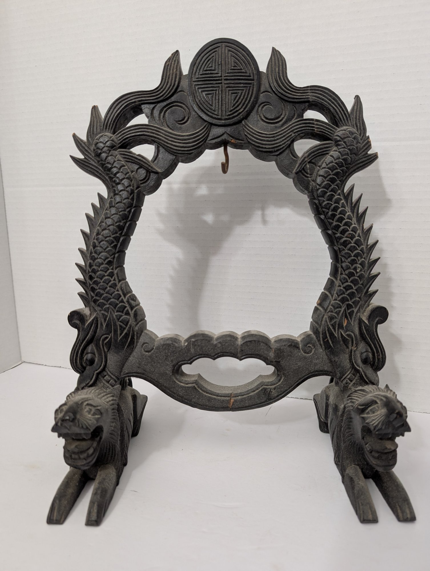 Antique Chinese Carved Wood Dragon Bell Or Gong Stand With Hook ...