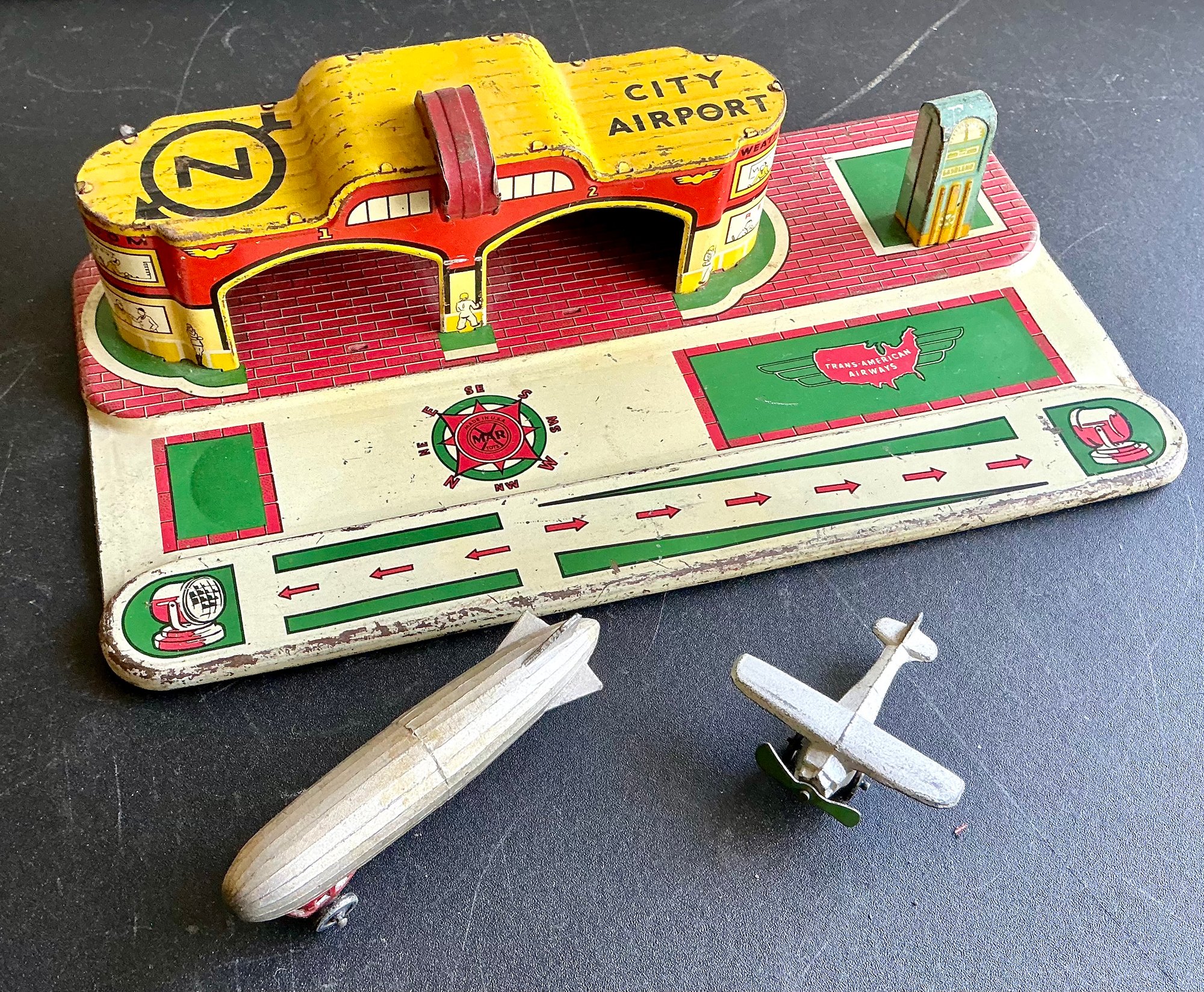 MARX TIN LITHO UNIVERSAL AIRPORT W/LEAD ZEPPELIN & PLANE- WE CAN SHIP ...