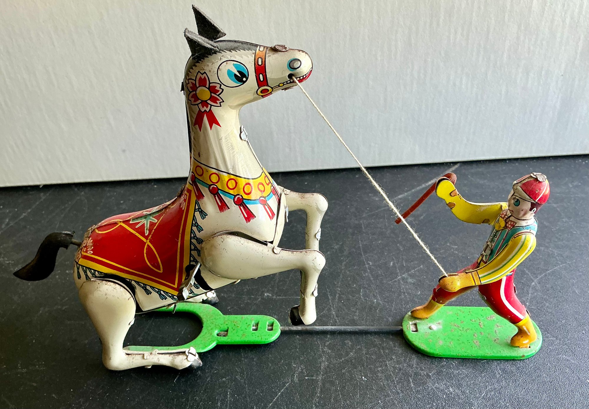 ROSKO KURAMOCHI TIN LITHO KEY WIND TOY HORSE TRAINER WORKS- 4 7/8"H X 7 ...