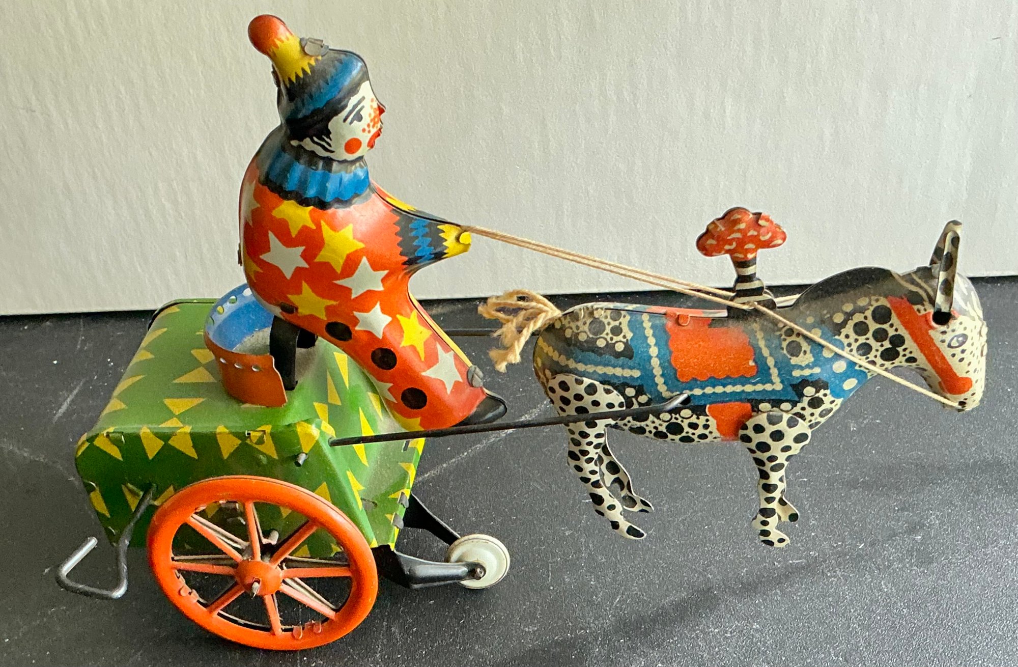 1960'S USSR RUSSIAN WIND UP TIN CIRCUS CLOWN ON CART WITH BUCKING PONY ...