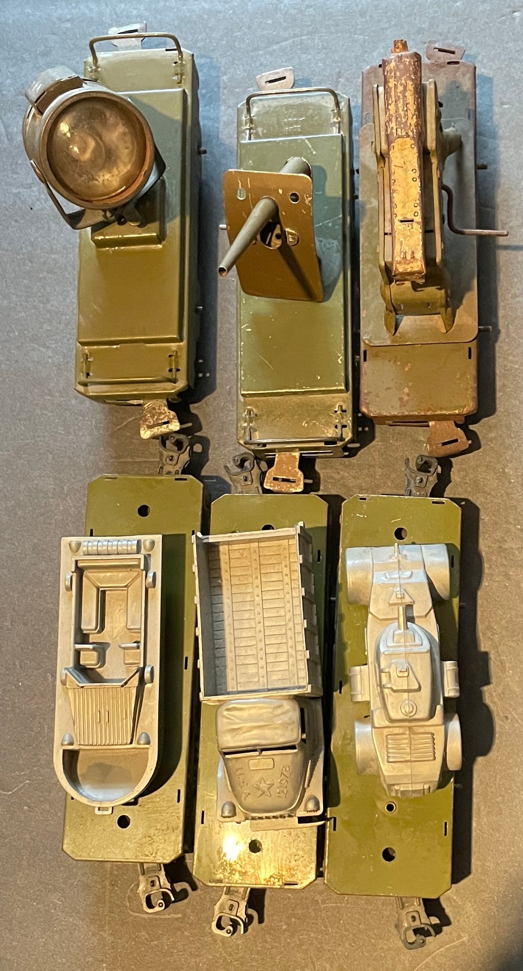 Set Of 6 MARX Olive Army Supply Train Cars With Vehicles, Weapons ...