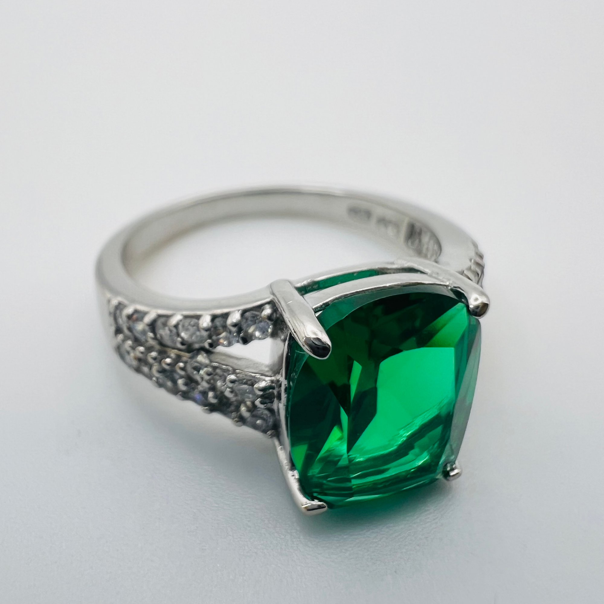 FAS, RHINESTONE, Sterling Statement Ring With Green Stone And Clear ...