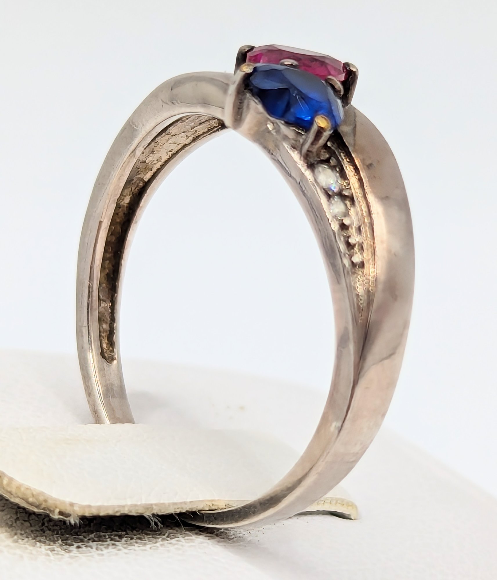 Sterling, "dorks4life" Inner Band Engraved, Spinel, Sapphire, Rhinestones, Two Hearts, Ring Sz ...