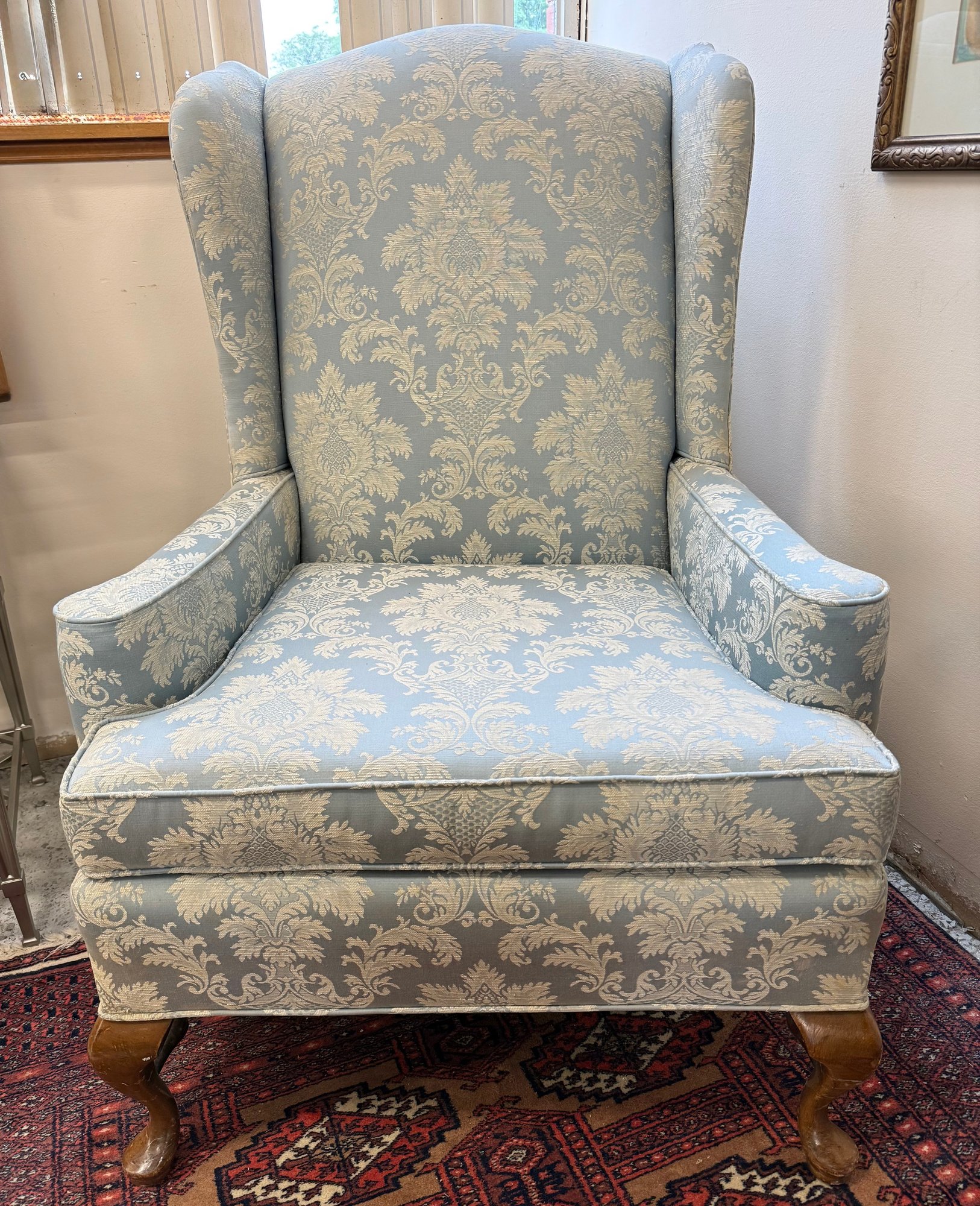 Elegant Blue Damask Upholstered Wingback Chair #5842 | Auctionninja.com