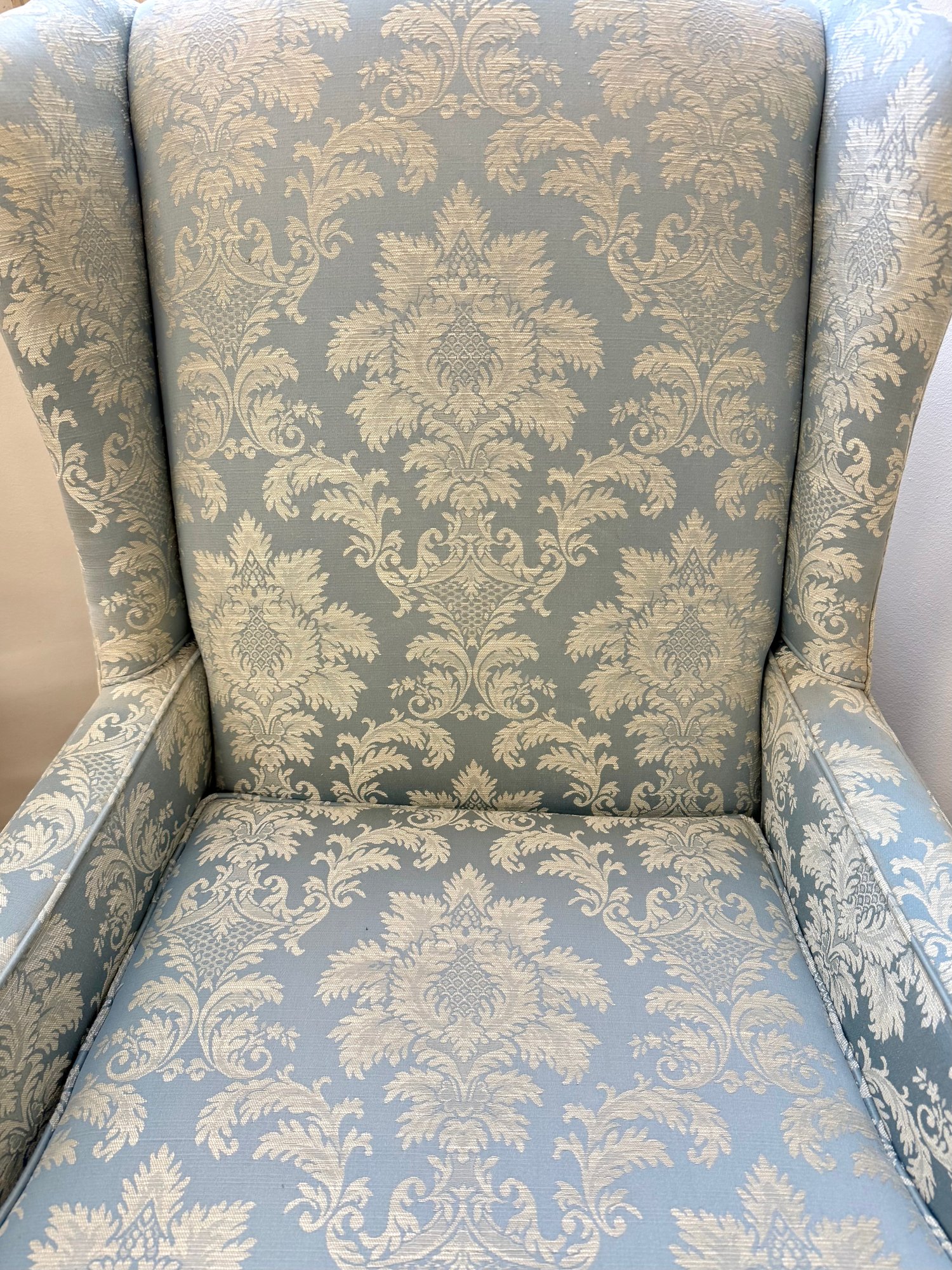 Elegant Blue Damask Upholstered Wingback Chair #5842 | Auctionninja.com