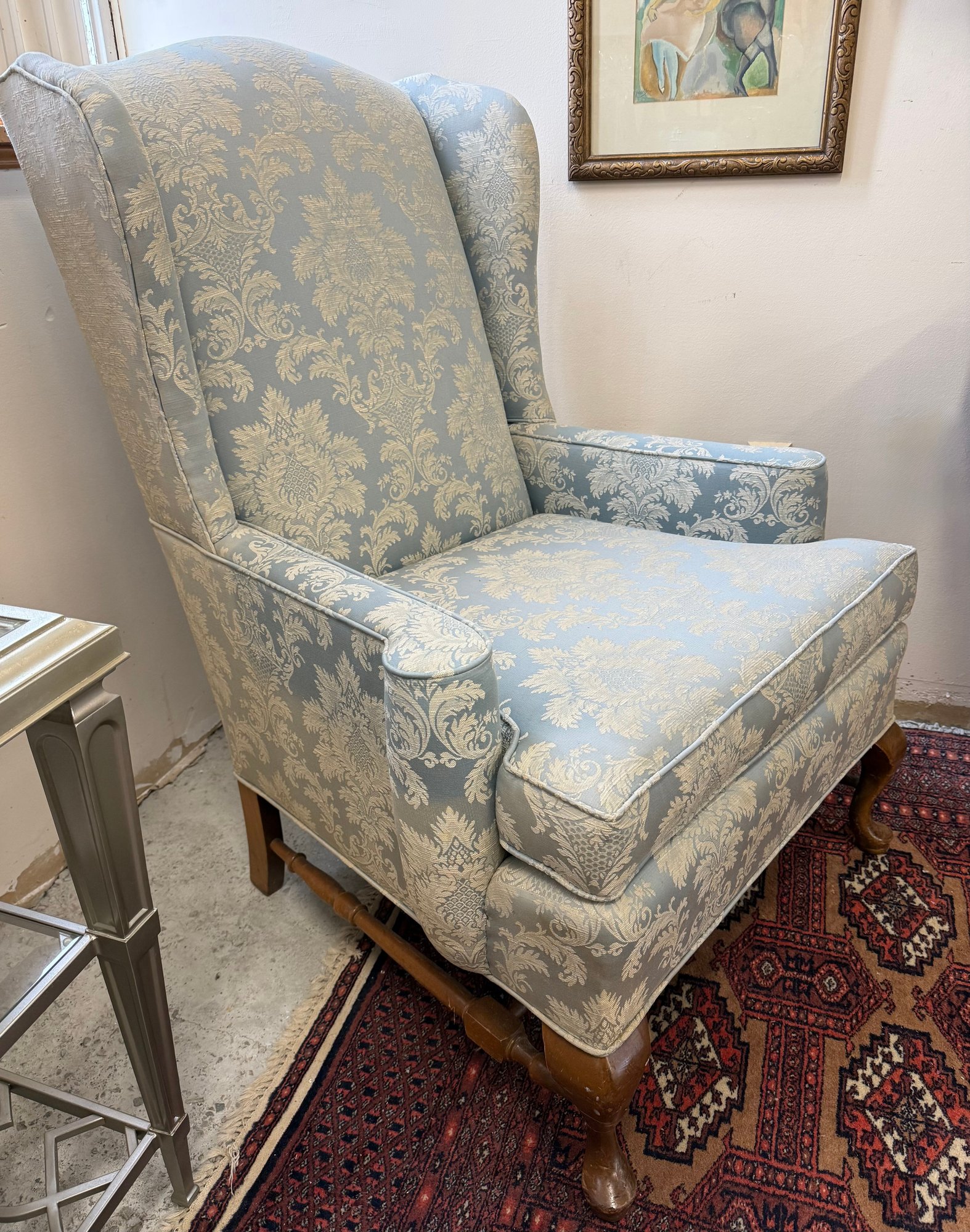 Elegant Blue Damask Upholstered Wingback Chair #5842 | Auctionninja.com