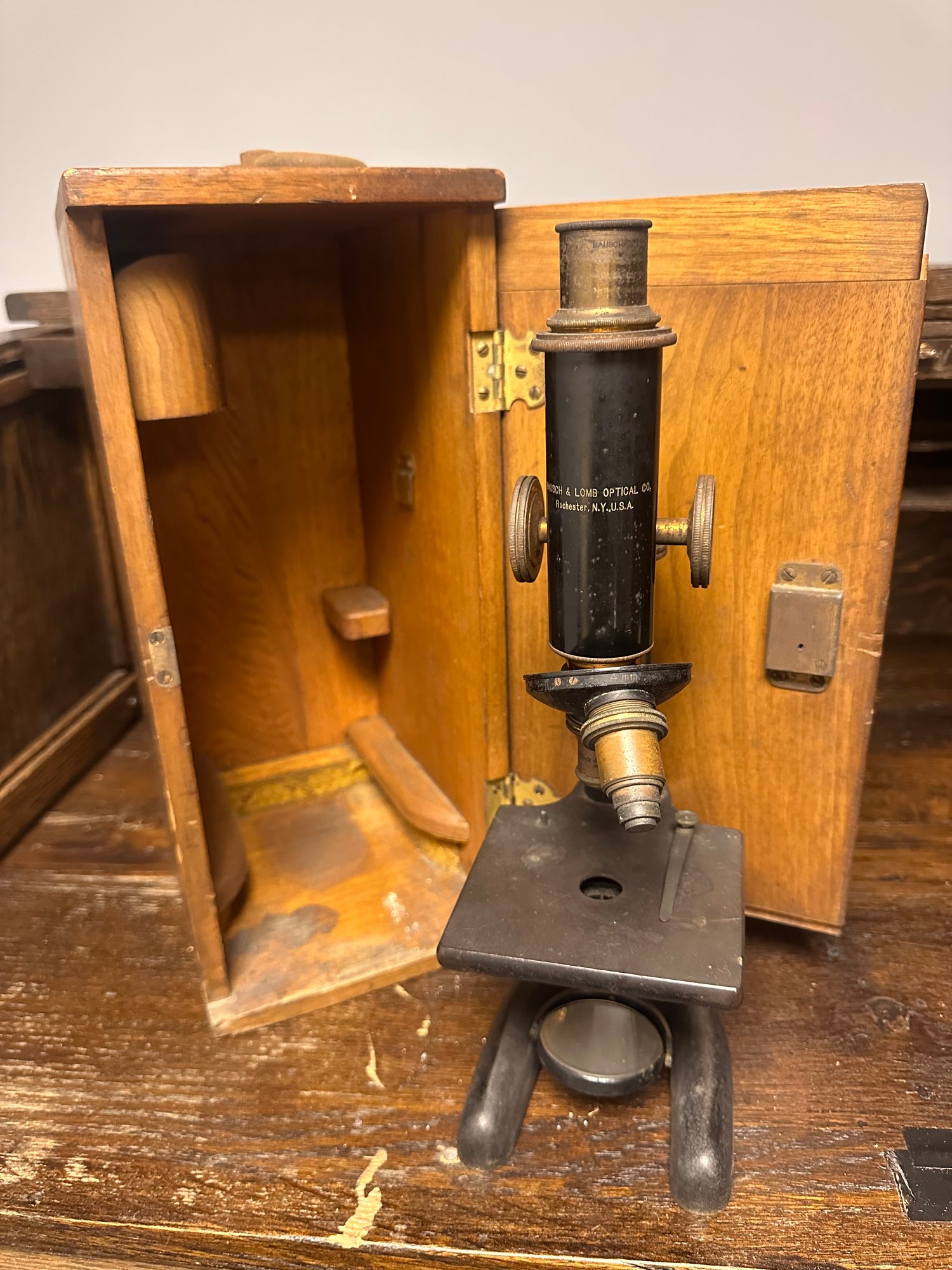Antique Bausch & Lomb Brass And Cast Iron Microscope In Box #16774 ...