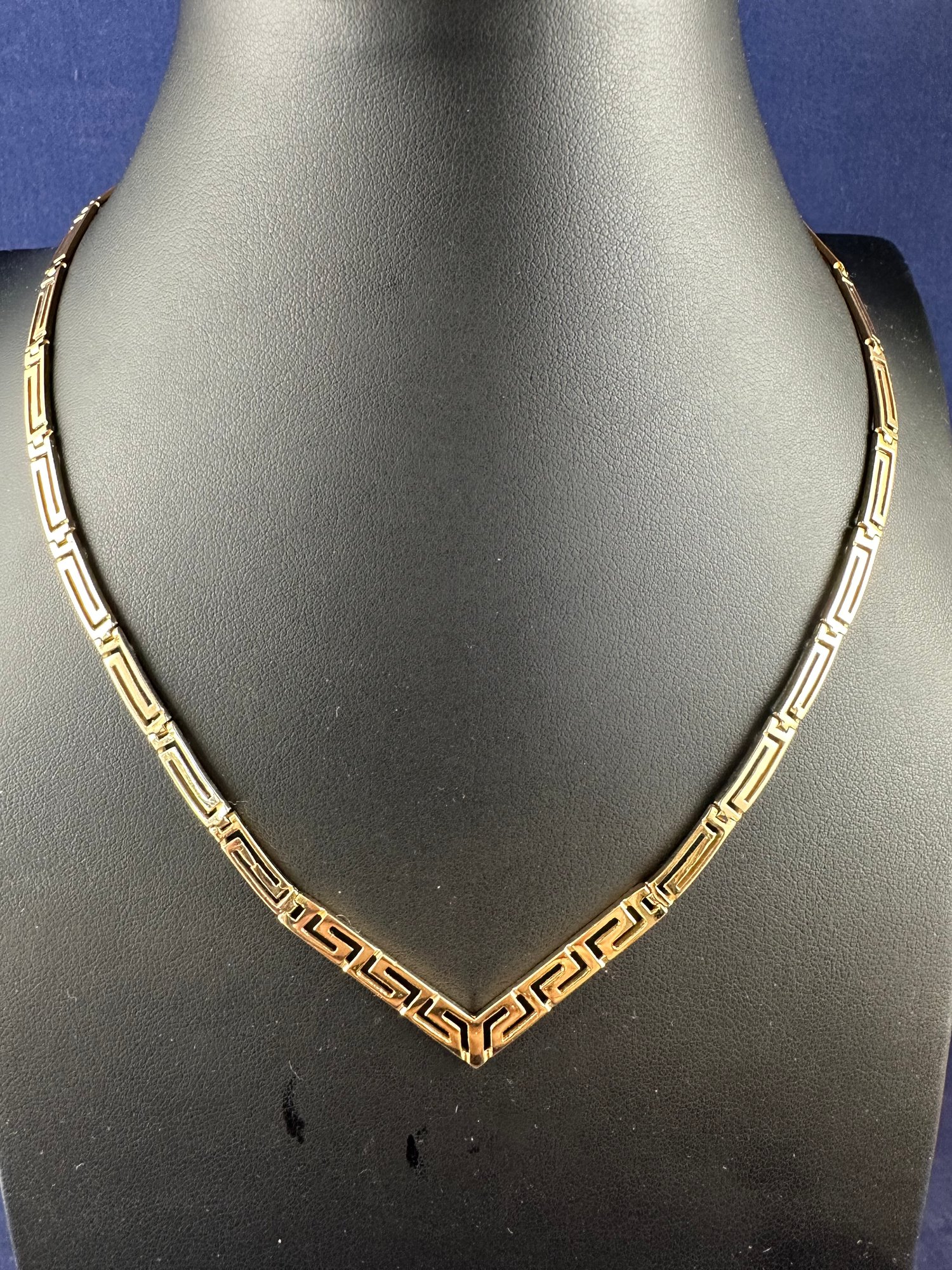 14K Yellow Gold Greek Keys V Necklace, 18" With Figure 8 Safety #17056 ...