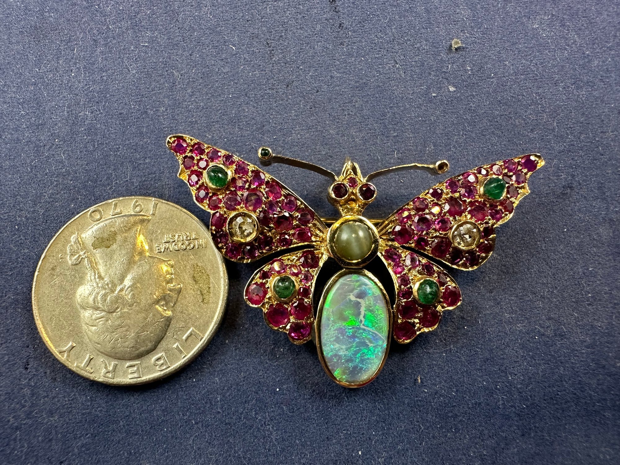 14K Yellow Gold Pin Pendant With Opal, Garnet?, Ruby?, Emeralds? And ...