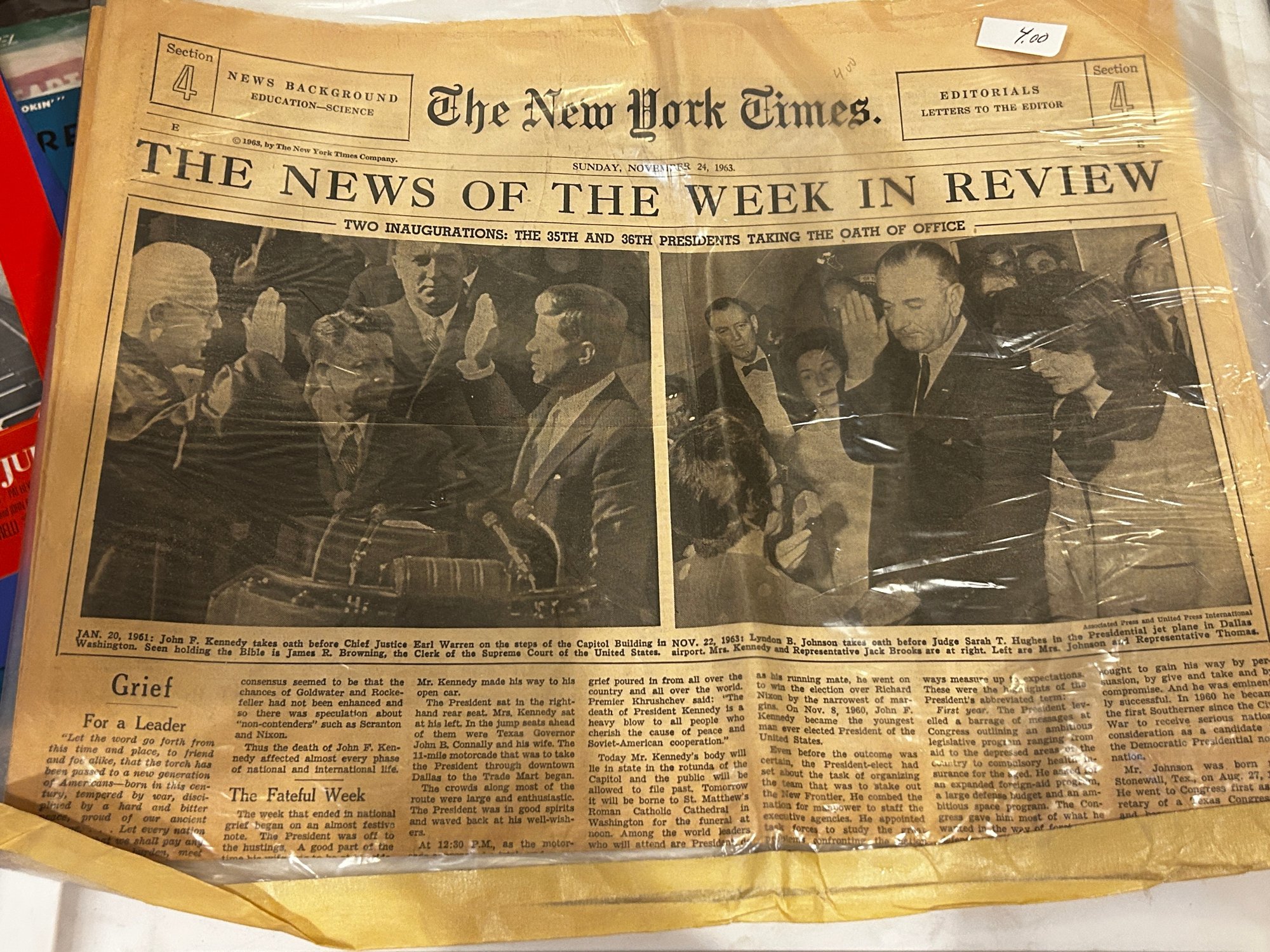 The New York Times Nov 24 1963, Two Inaugurations, JFK LBJ #13838 ...