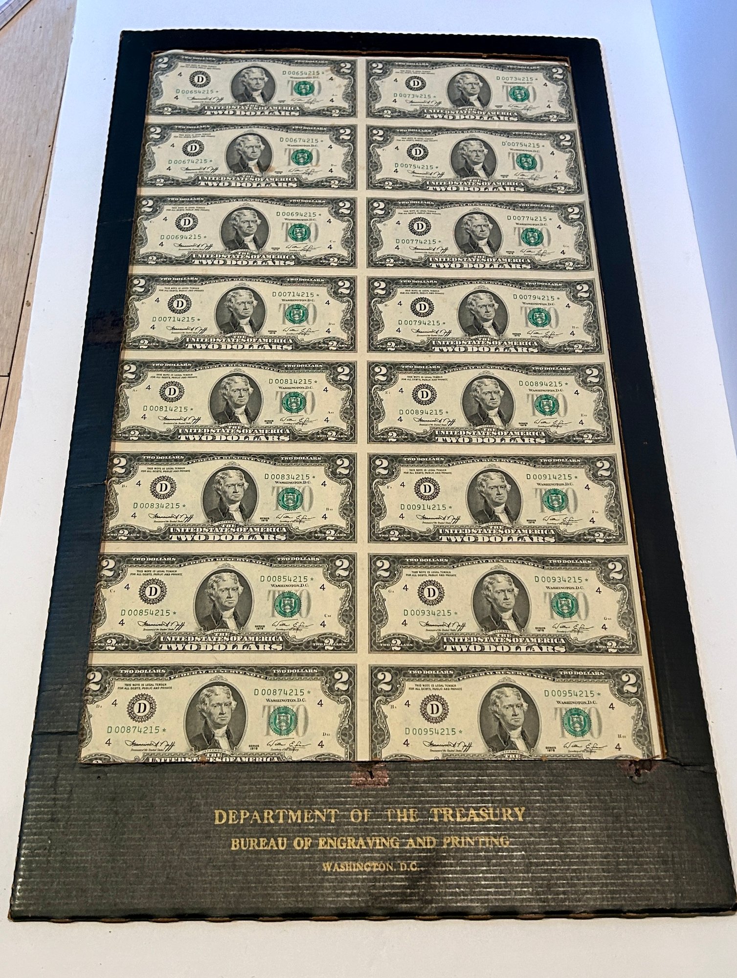 1976 Sheet Of 16 $2 Two Dollar Bills D Serial Number #4375 ...
