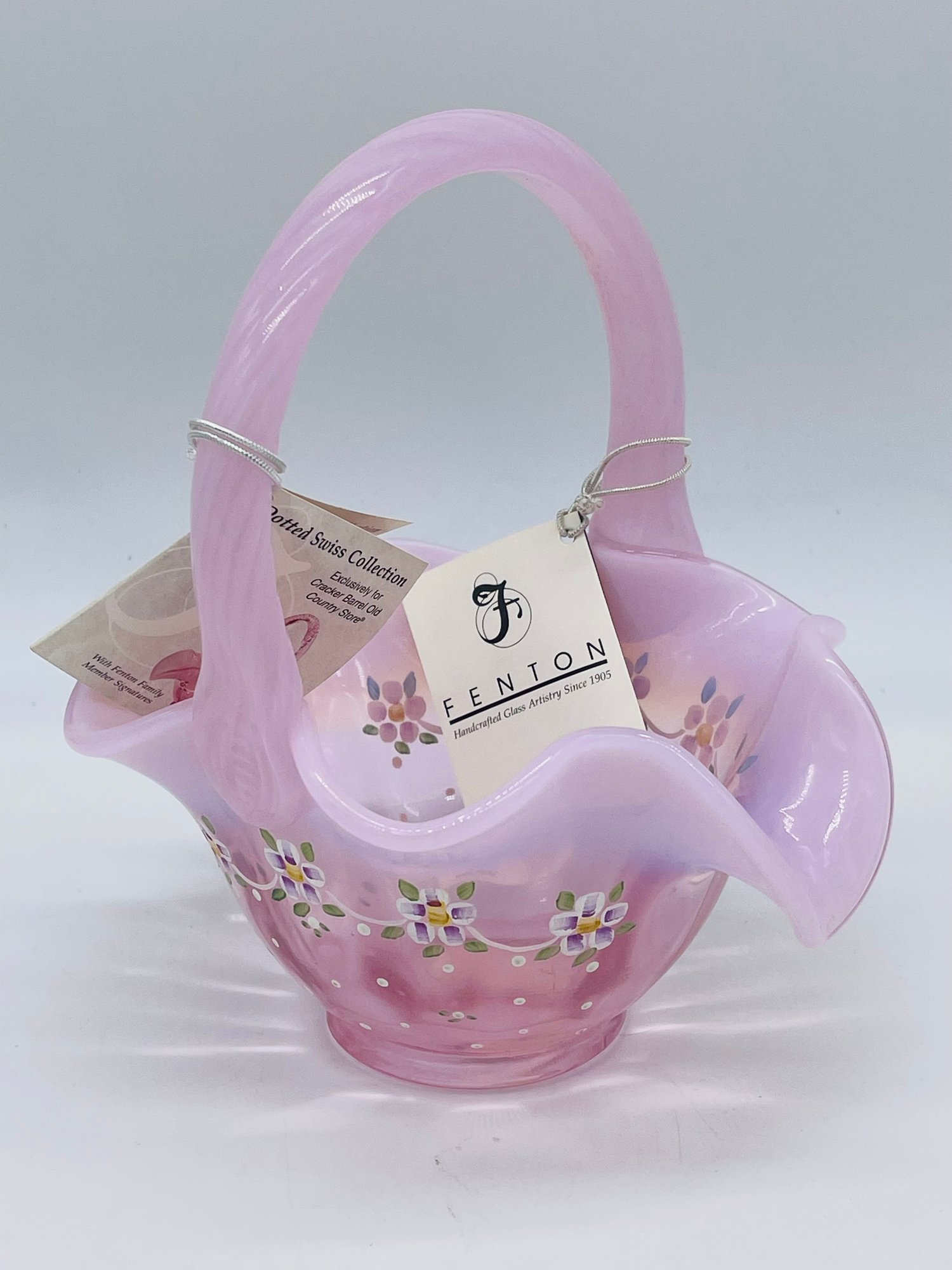 Fenton Art Glass Pink Hand Painted Signed Numbered Handled Basket #1653 ...